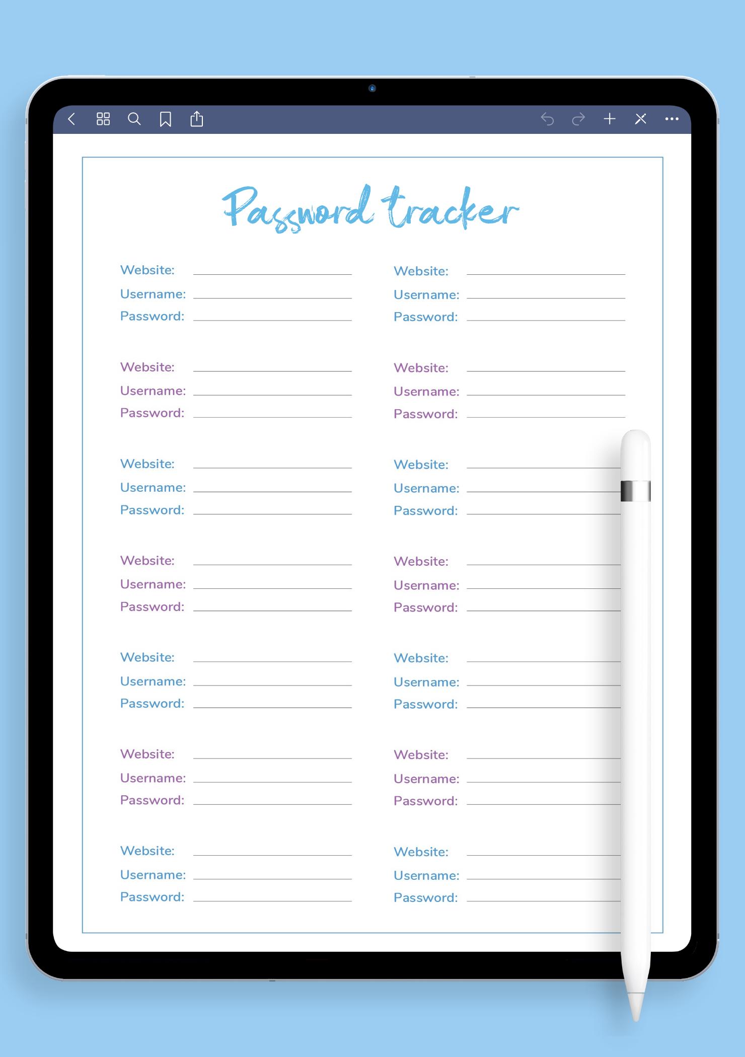 Download Printable Blue and Purple Font Password Tracker Template PDF
