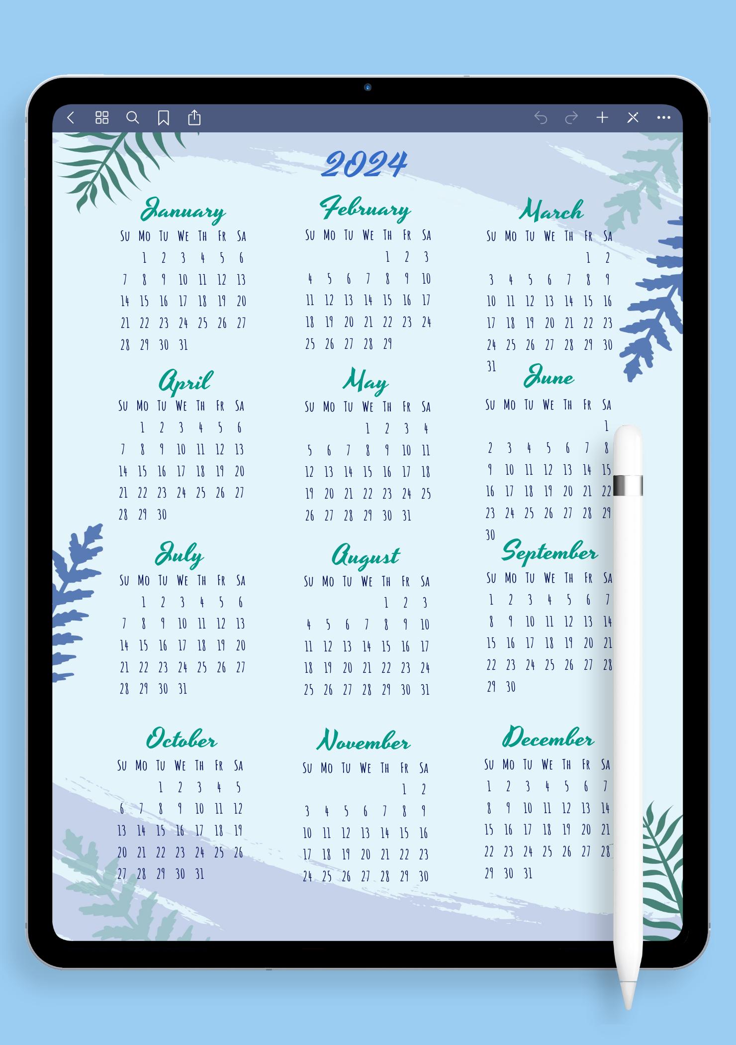 Download Printable Blue Botanical Yearly Calendar PDF