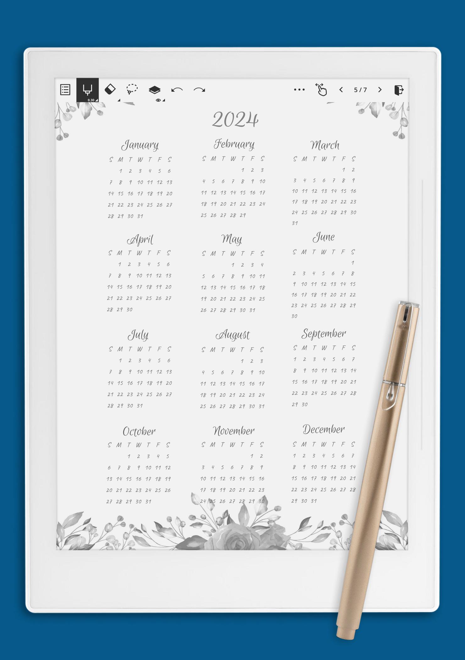 Download Printable Botanical Greenery Yearly Calendar PDF