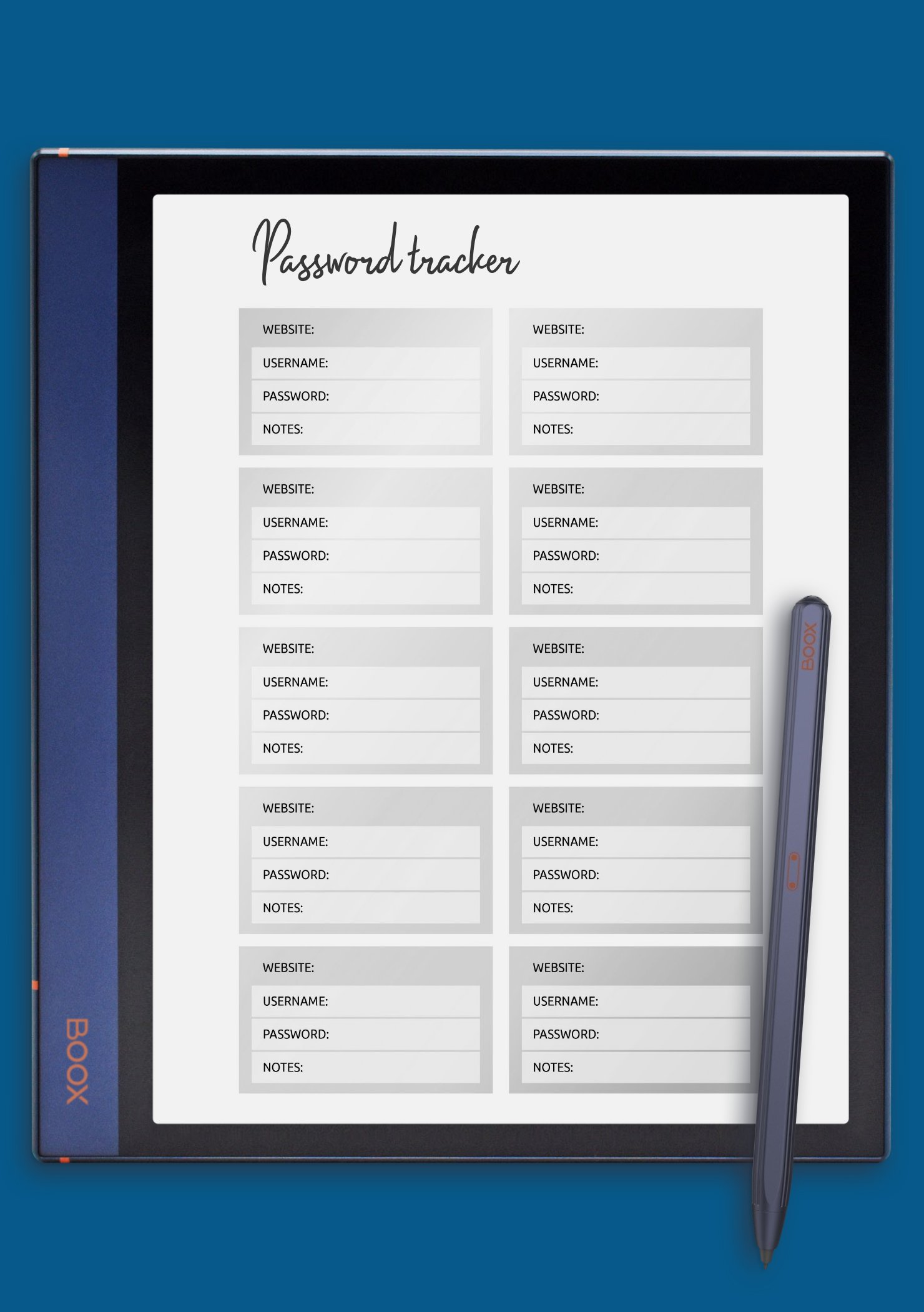 Download Printable Colored Gradient Sections Password Tracker Template PDF