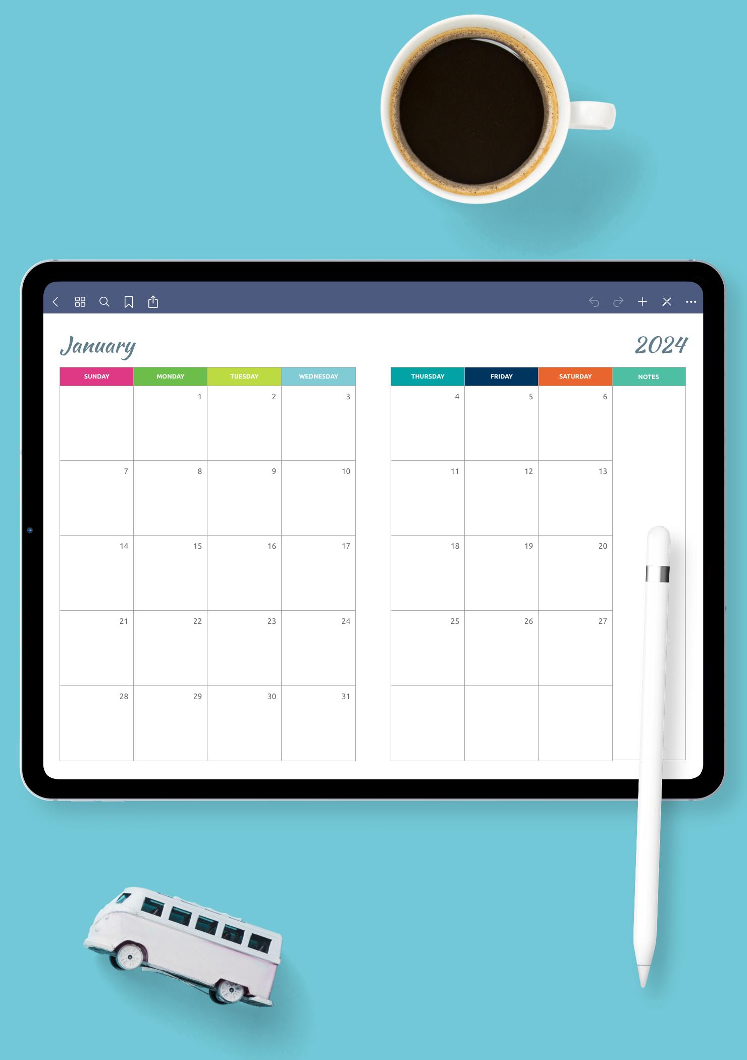 Download Printable Colored Horizontal Monthly Calendar PDF
