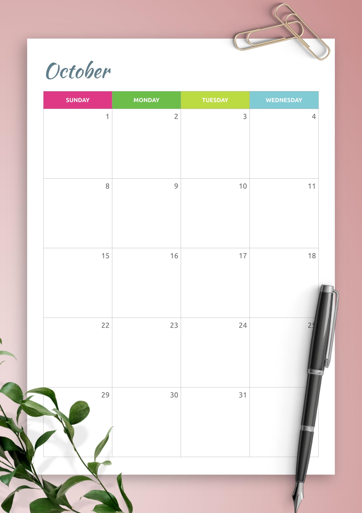 Download Printable Colored Horizontal Monthly Calendar PDF