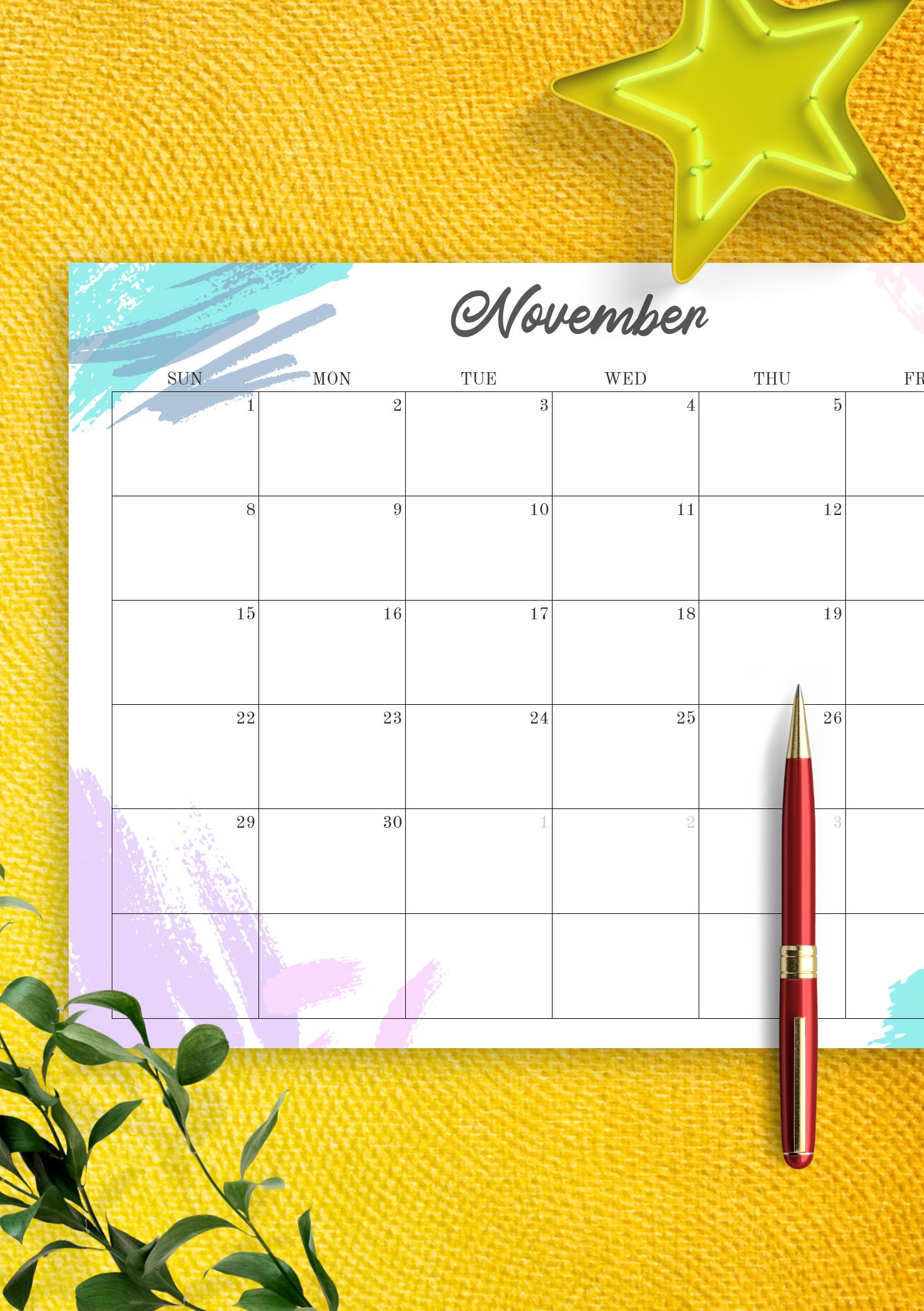 Download Printable Colored Monthly Calendar PDF