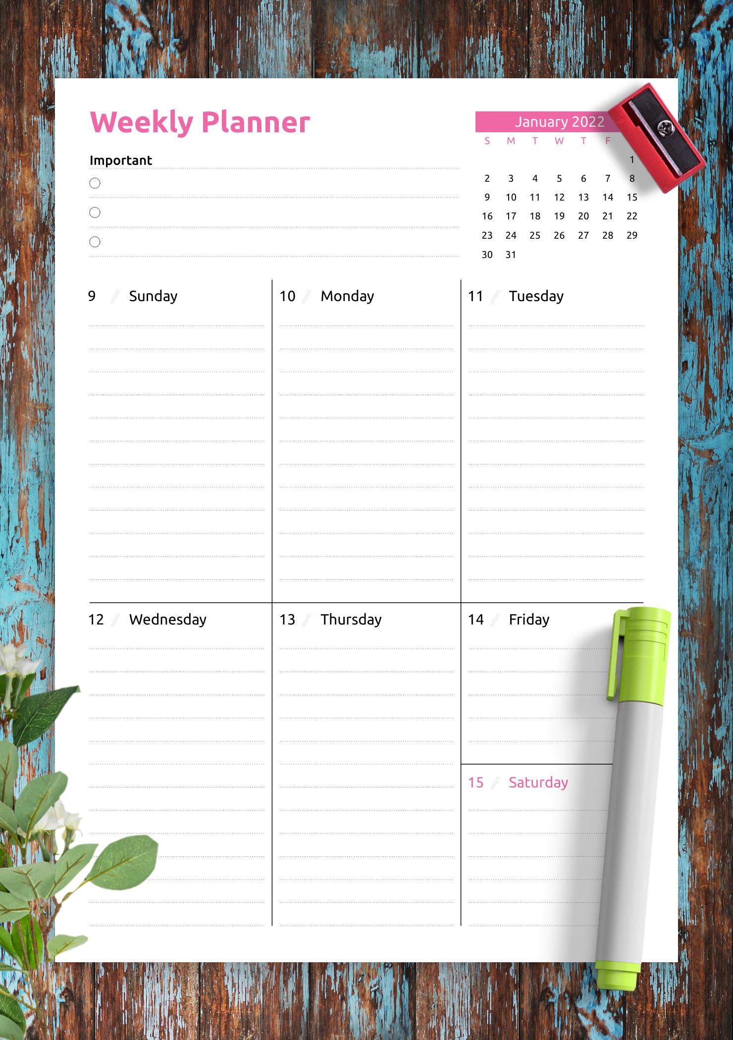 Download Printable Colored one-page weekly planner PDF