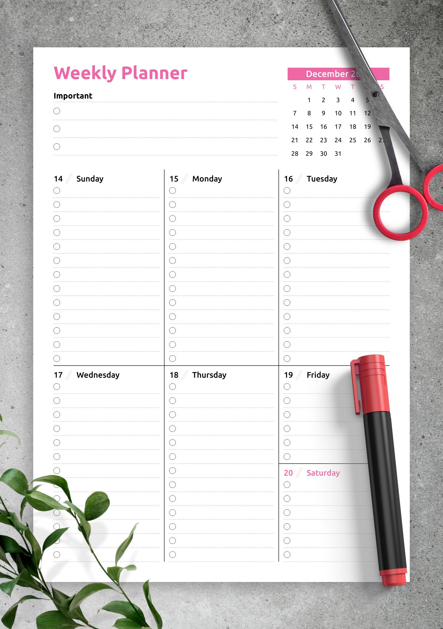 Download Printable Colored one-page weekly planner PDF
