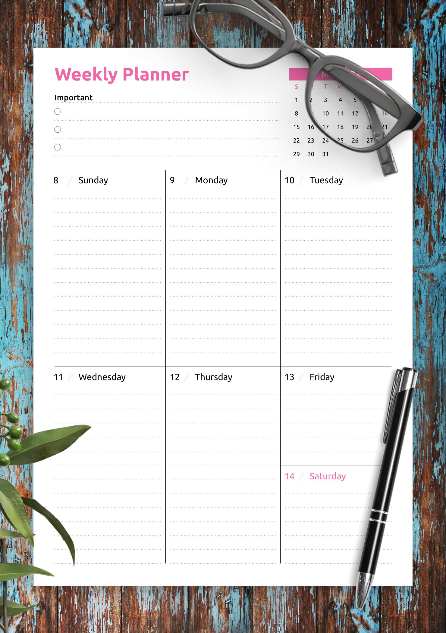 Download Printable Colored one-page weekly planner PDF