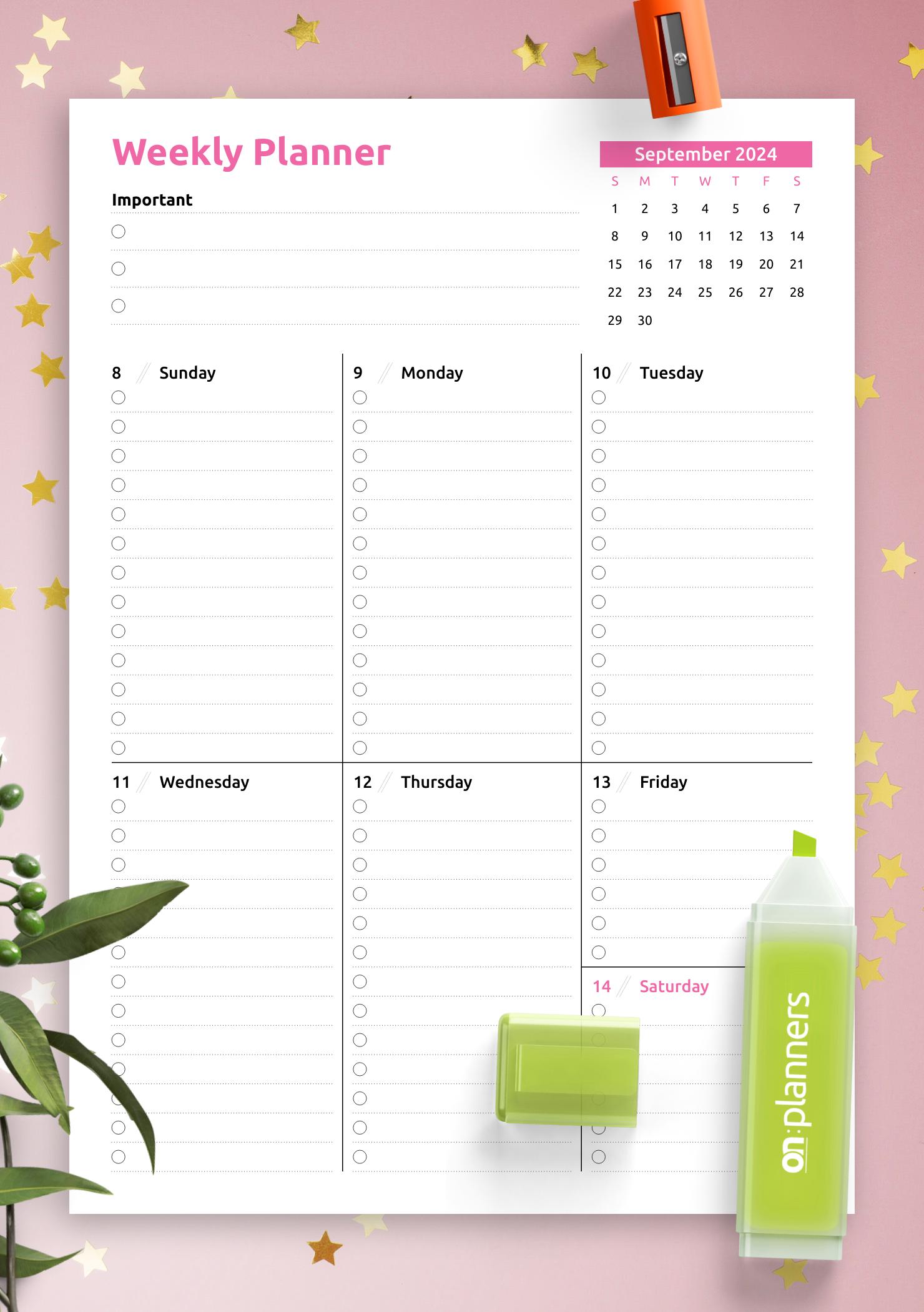 Download Printable Colored one-page weekly planner PDF