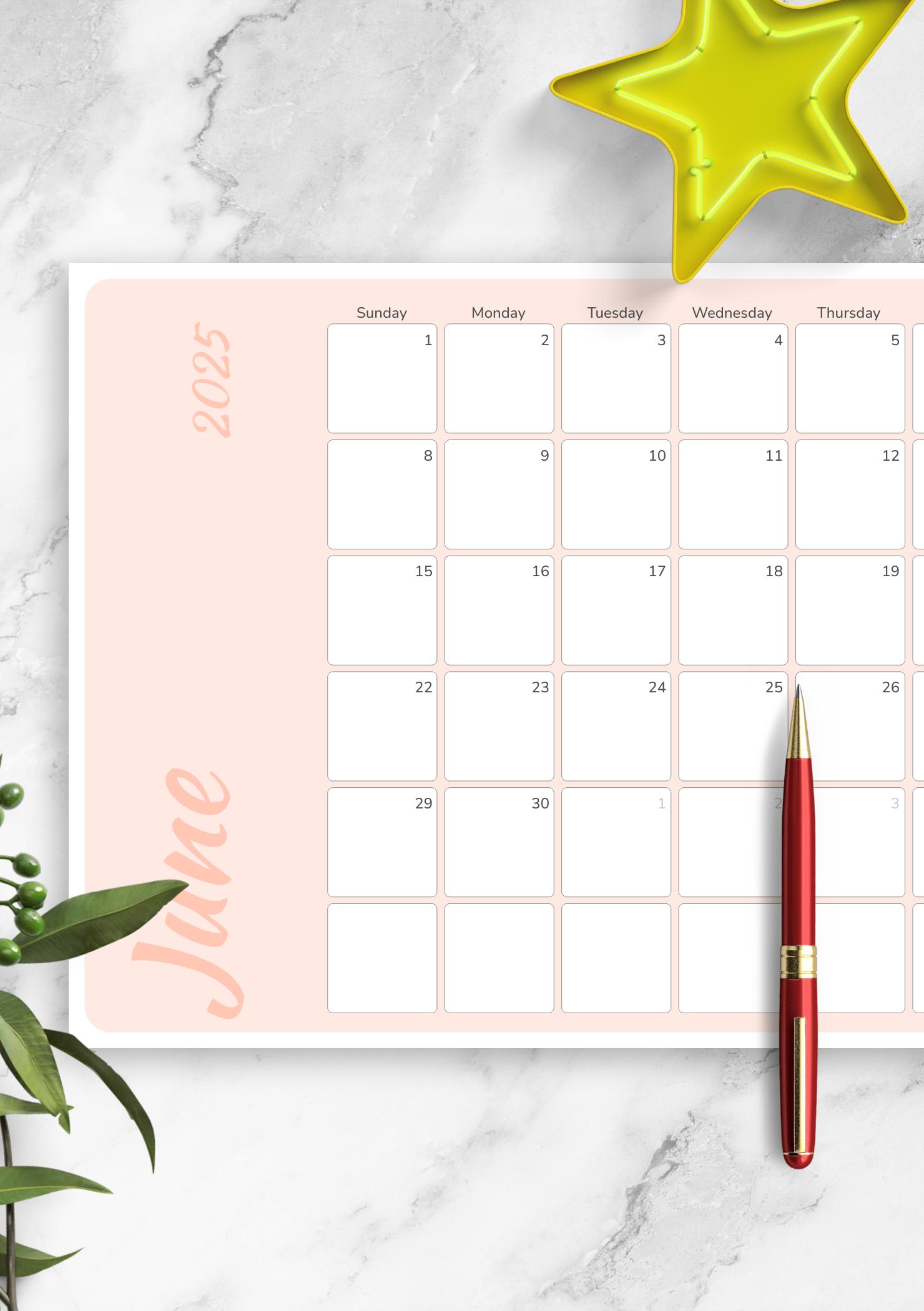 Download Printable Colored Pink Monthly Calendar PDF