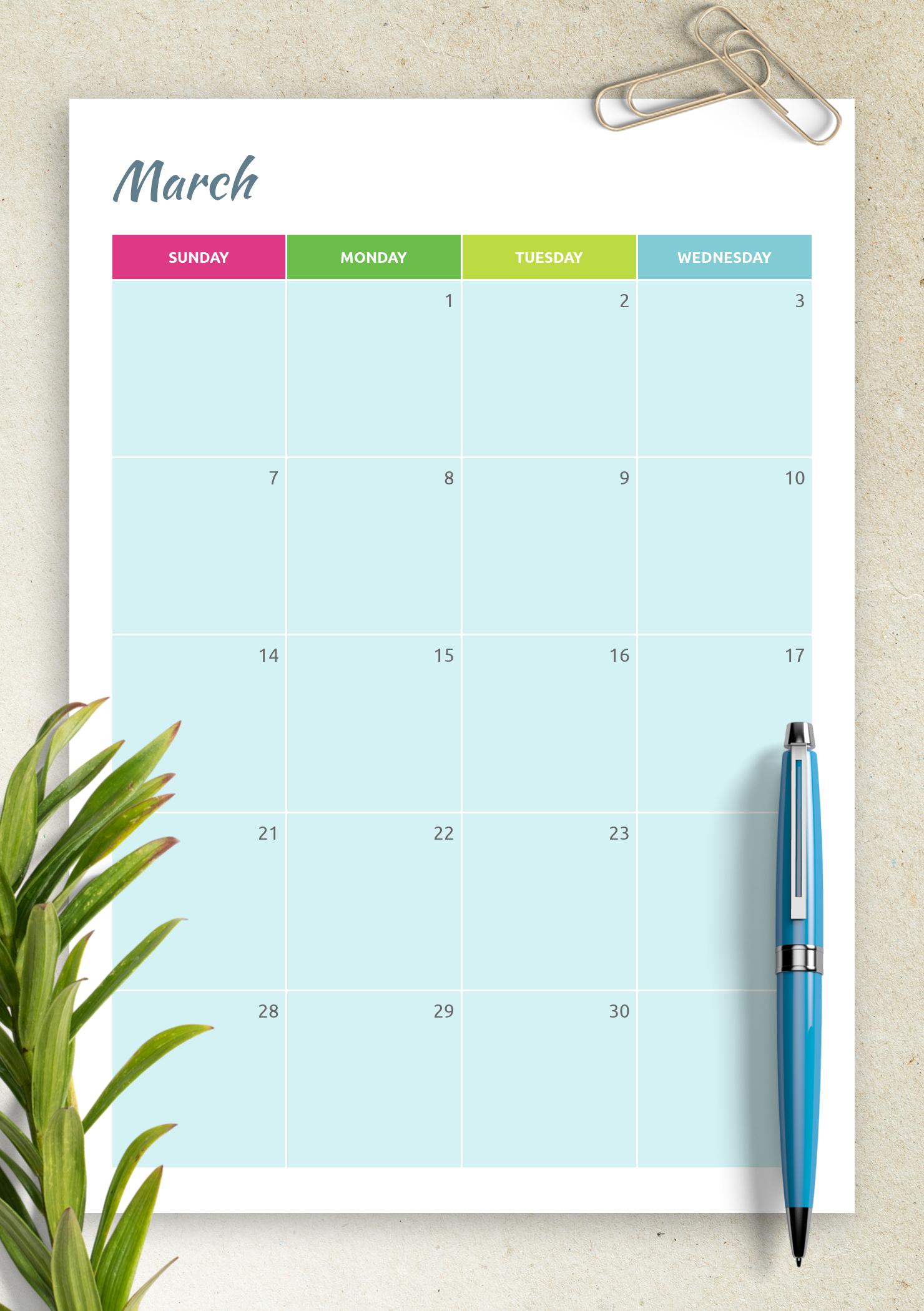 Download Printable Colorful Monthly Calendar PDF