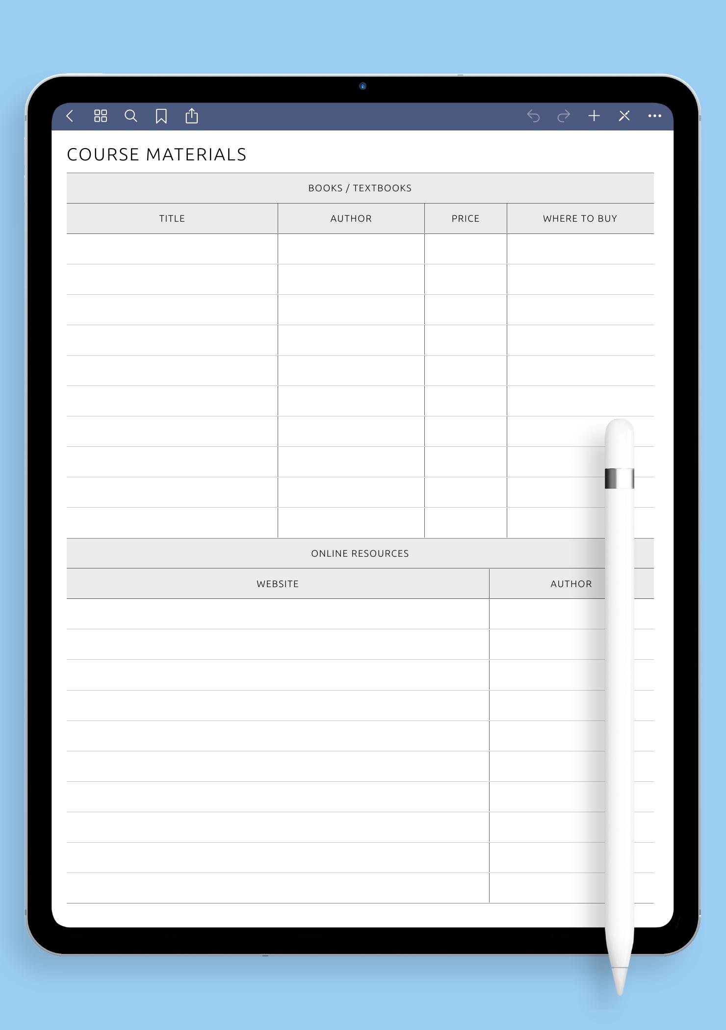 Download Printable Course Materials Template PDF