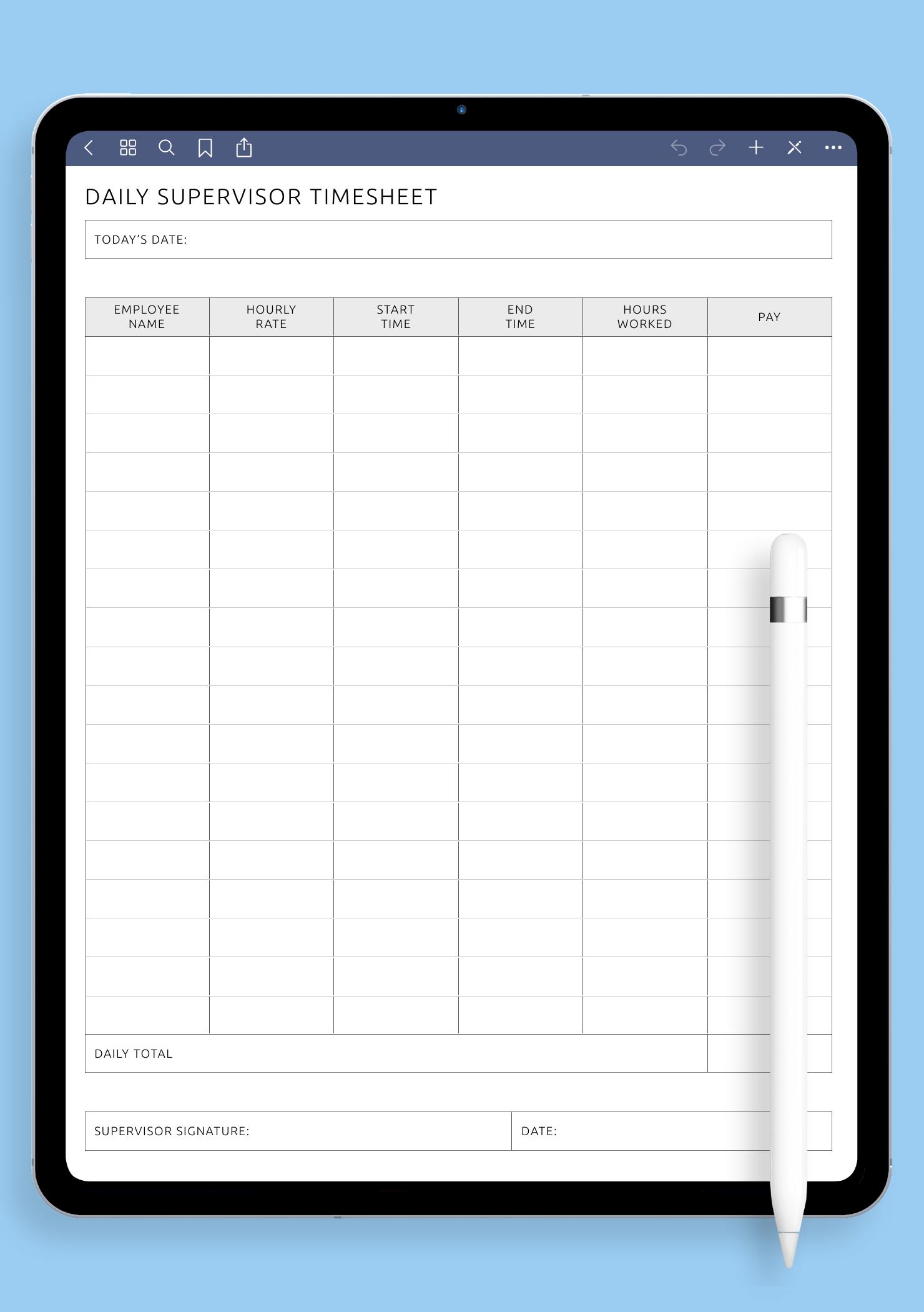 Download Printable Daily Supervisor Timesheet PDF