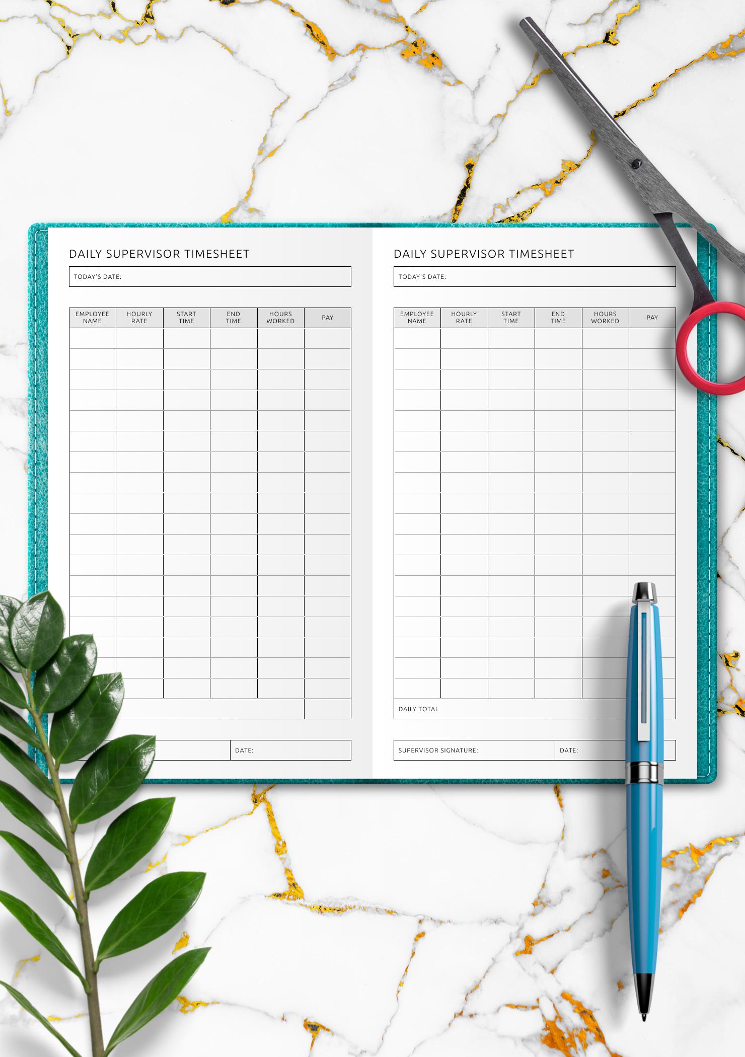 Download Printable Daily Supervisor Timesheet PDF