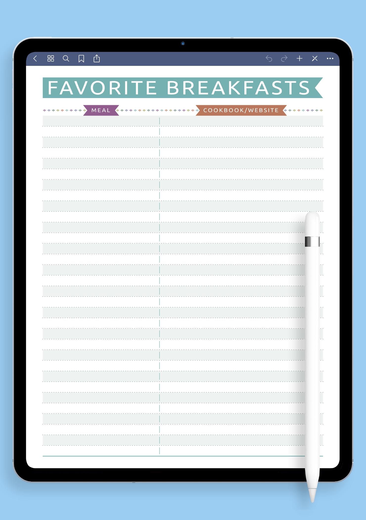 Download Printable Favorite Recipes List - Casual Style PDF