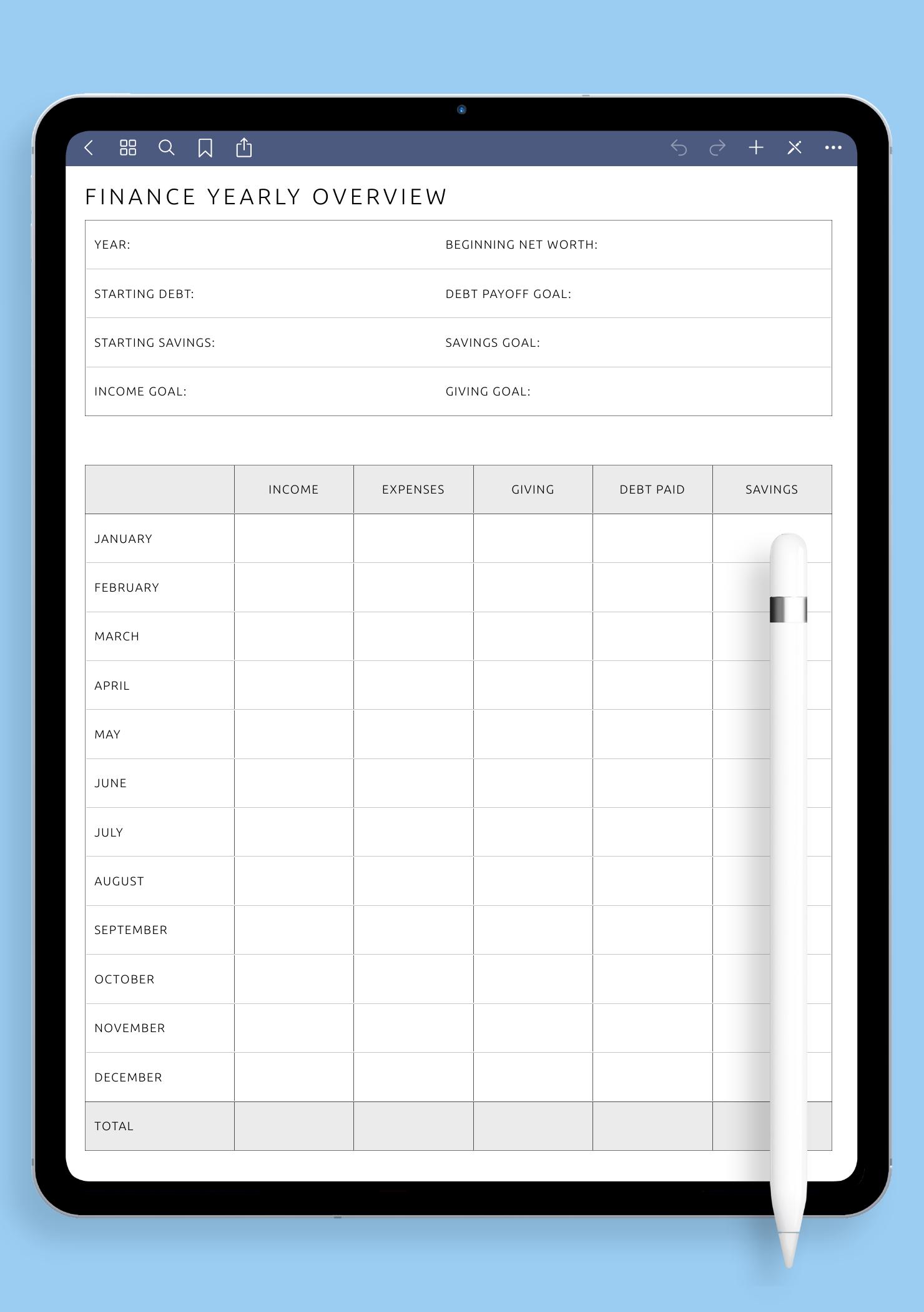 Download Printable Finance Yearly Overview Template PDF