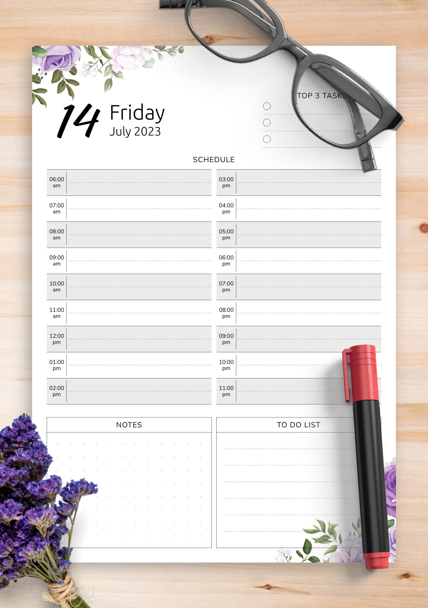 Download Printable Floral Day Planner Template PDF
