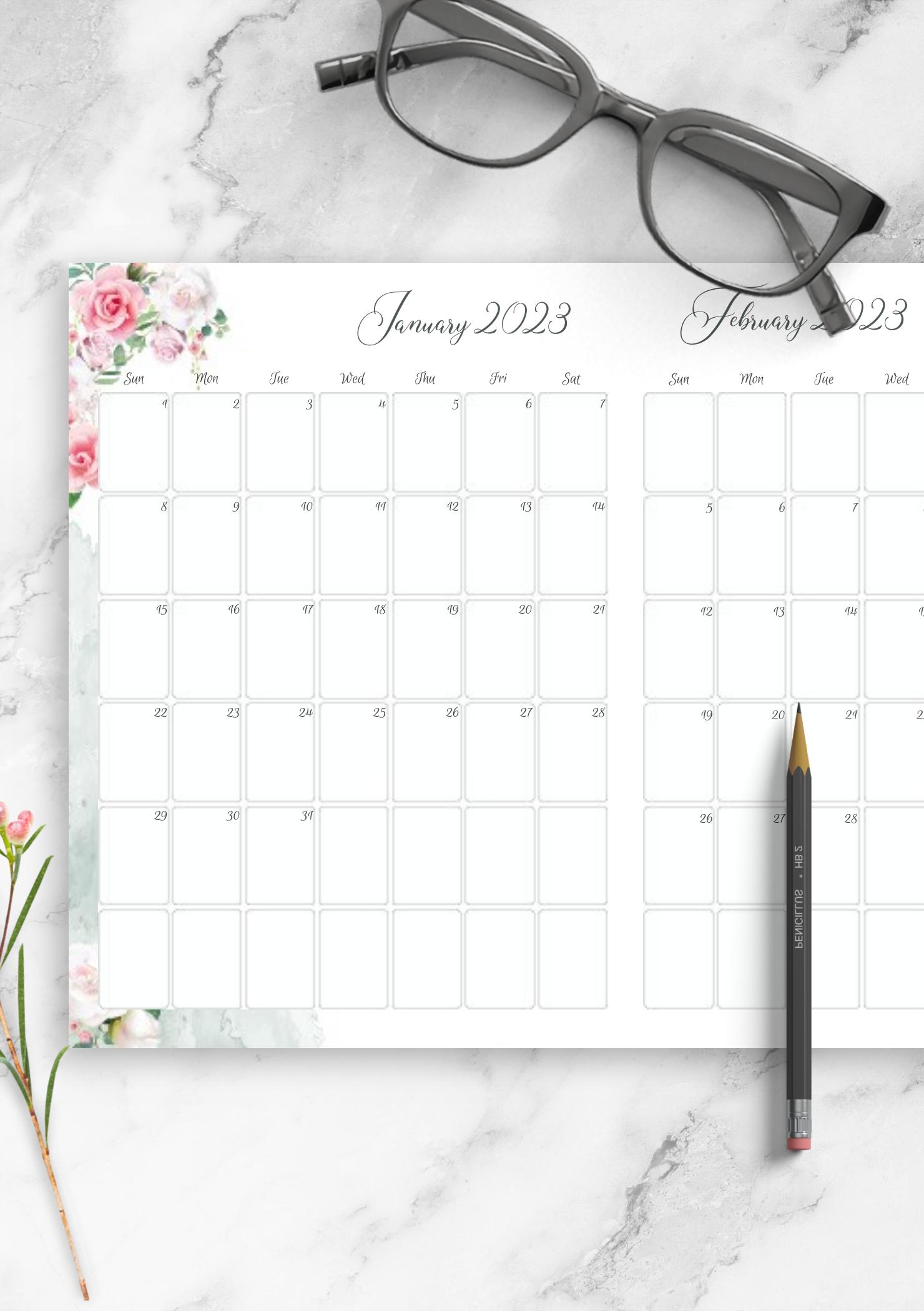Download Printable Floral Two Months Calendar PDF