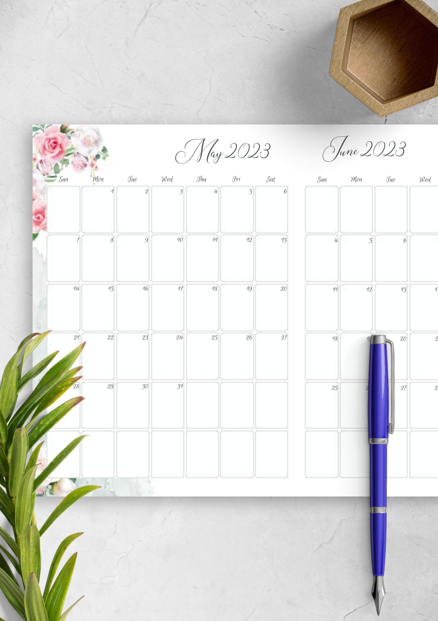 Download Printable Floral Two Months Calendar PDF