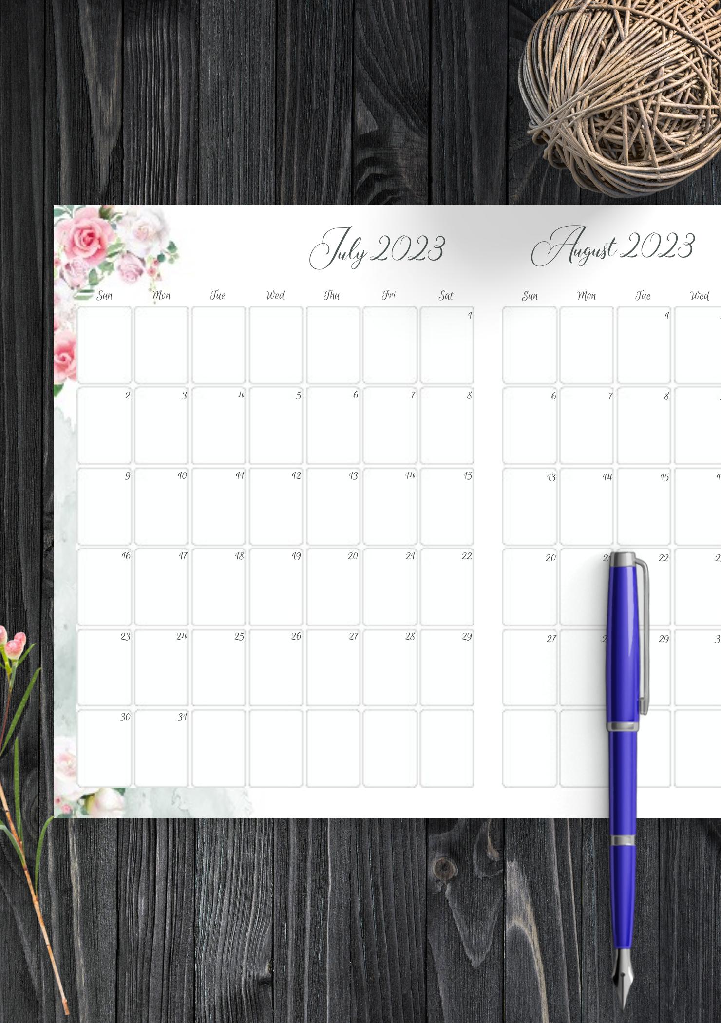 Download Printable Floral Two Months Calendar PDF