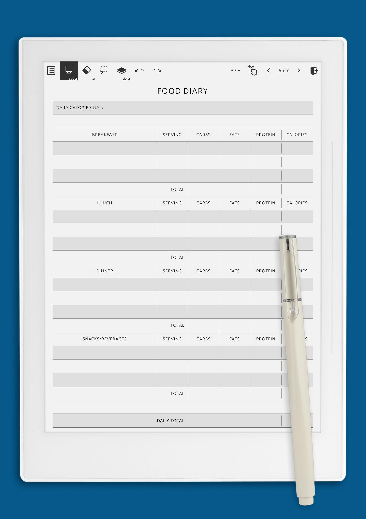 Download Printable Food Diary Template PDF