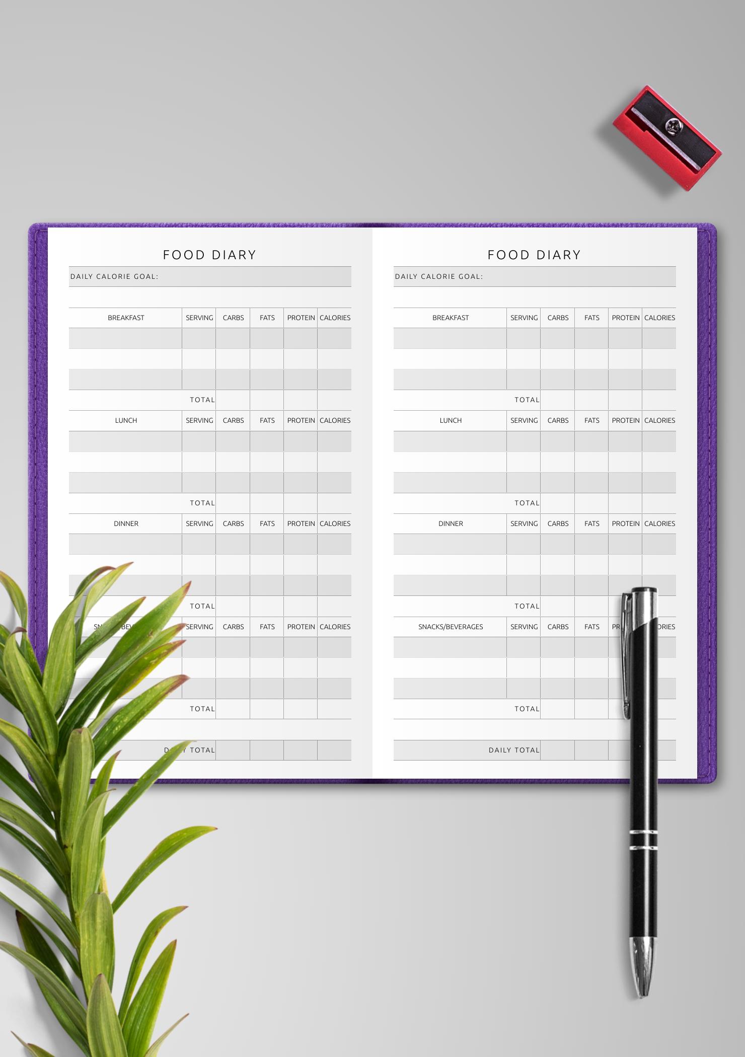 Download Printable Food Diary Template PDF