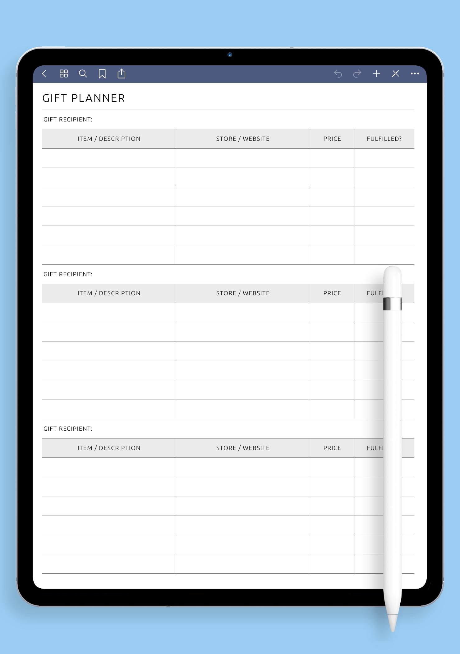 Download Printable Gift Planner - 3 Recipients PDF