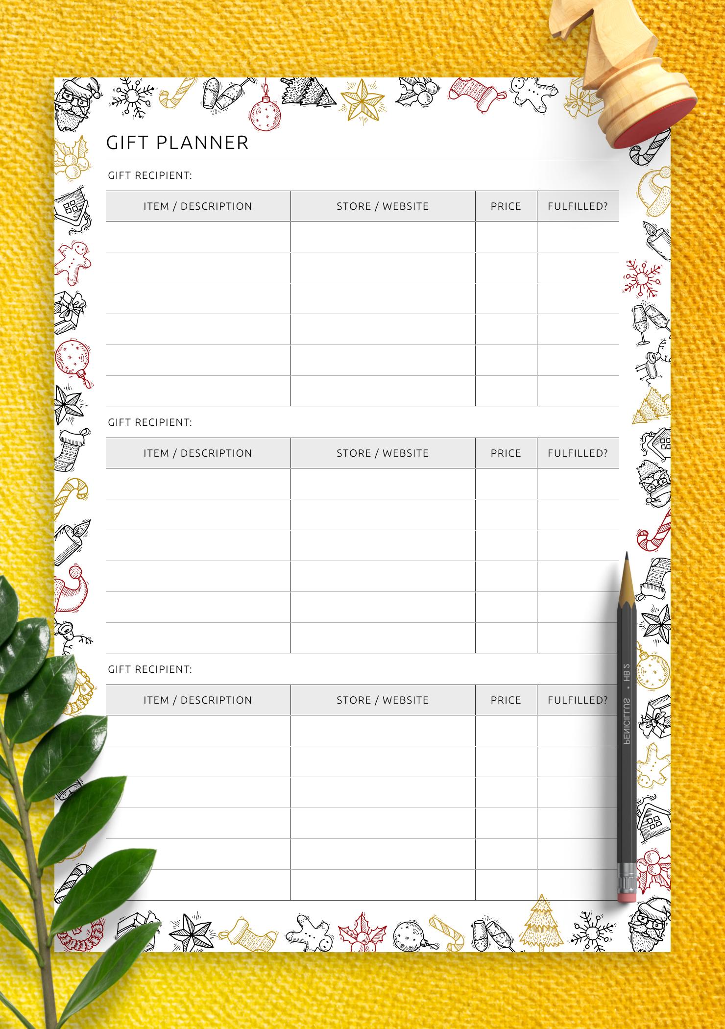 Download Printable Gift Planner - 3 Recipients PDF