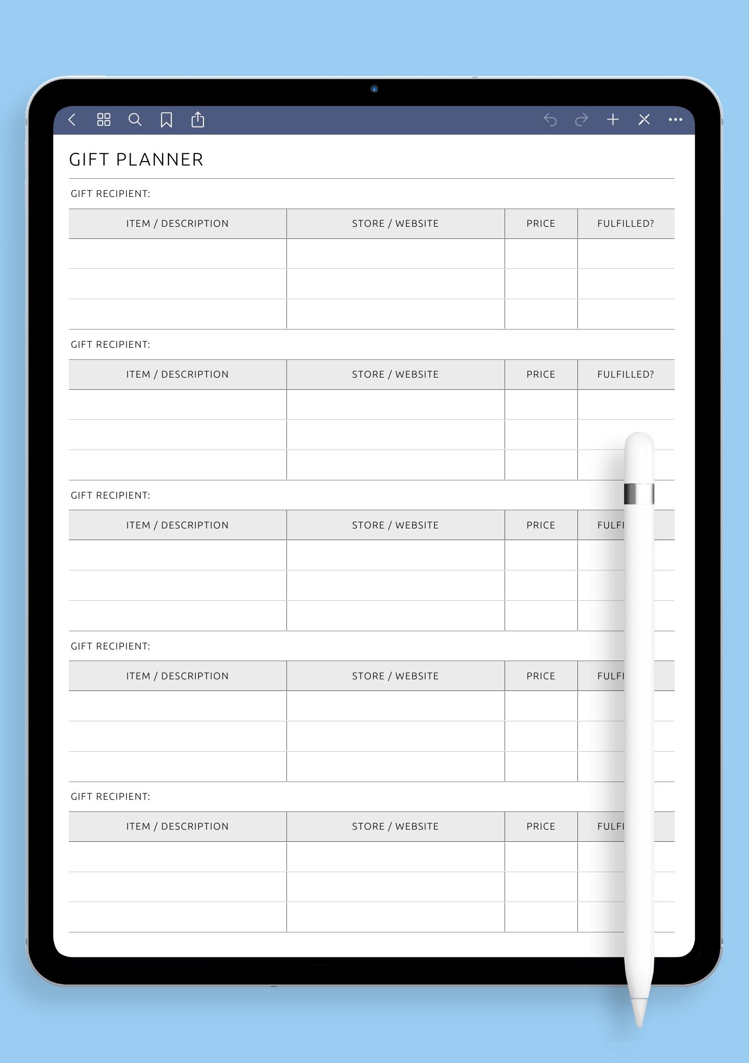 Download Printable Gift Planner - 5 Recipients PDF