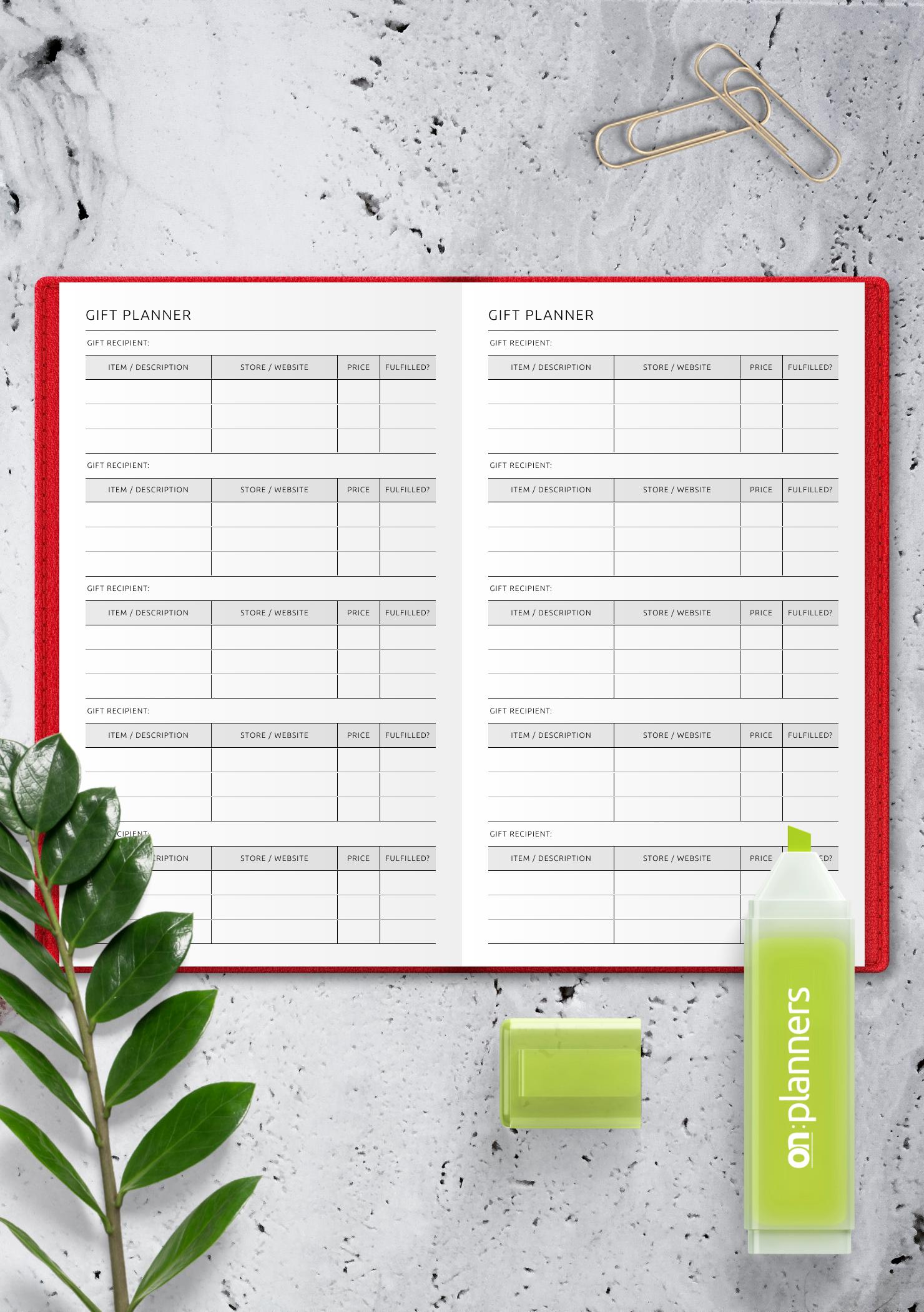 Download Printable Gift Planner - 5 Recipients PDF