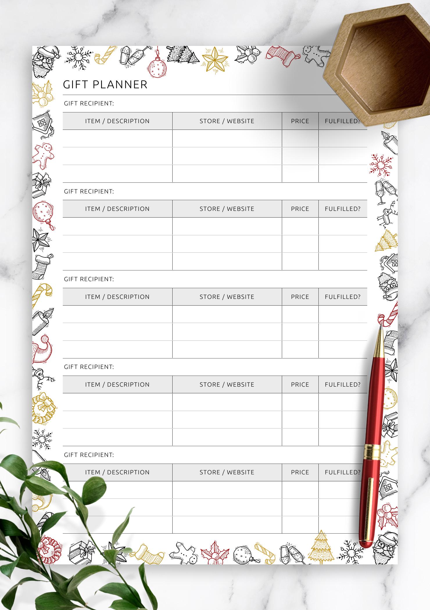 Download Printable Gift Planner - 5 Recipients PDF