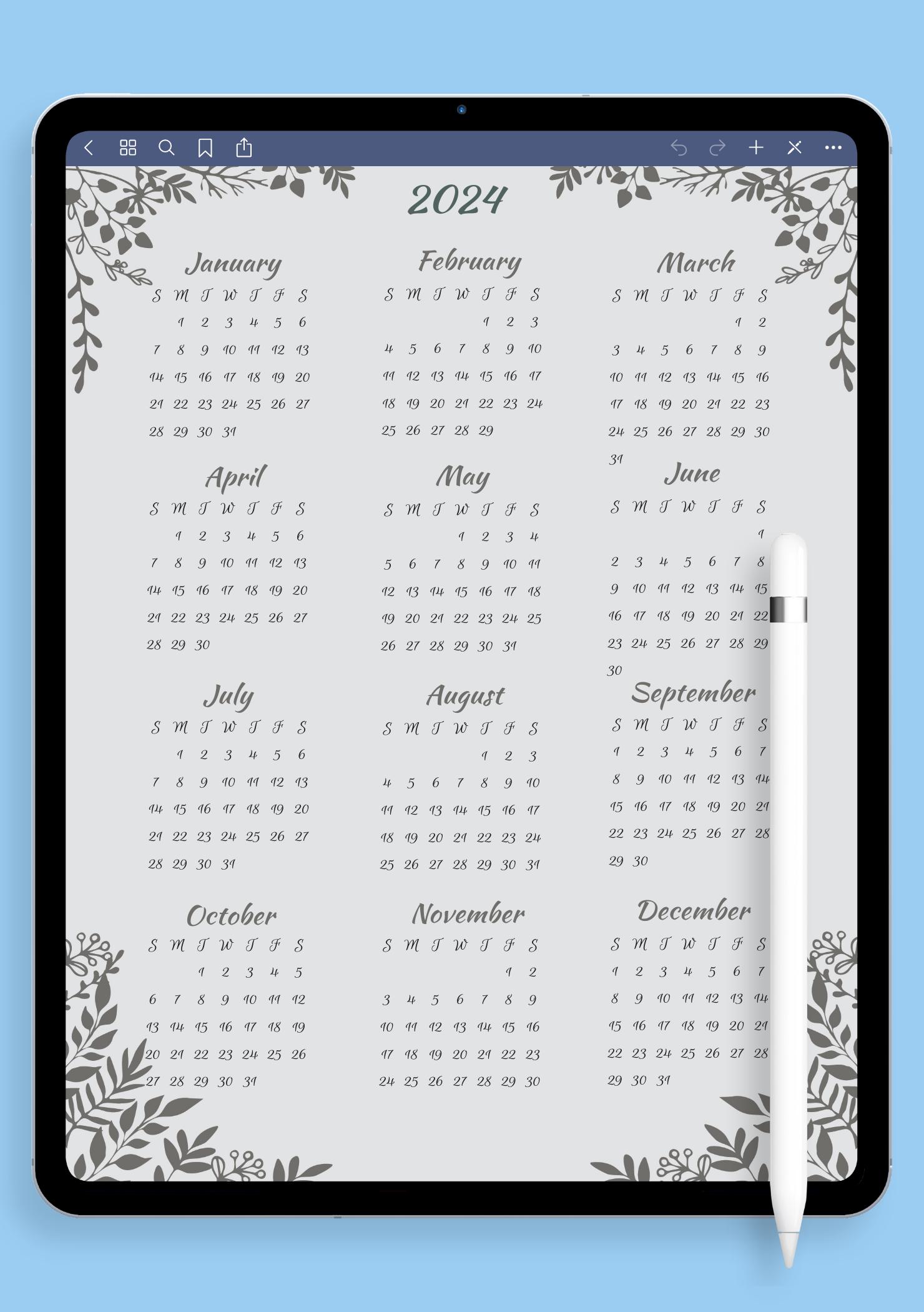 Download Printable Gray Botanical Yearly Calendar PDF