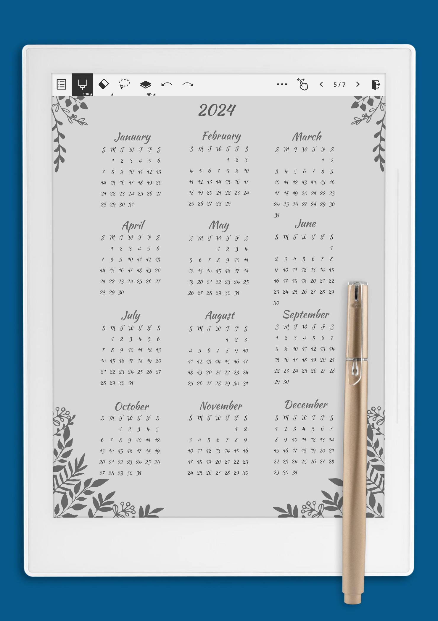 Download Printable Gray Botanical Yearly Calendar PDF