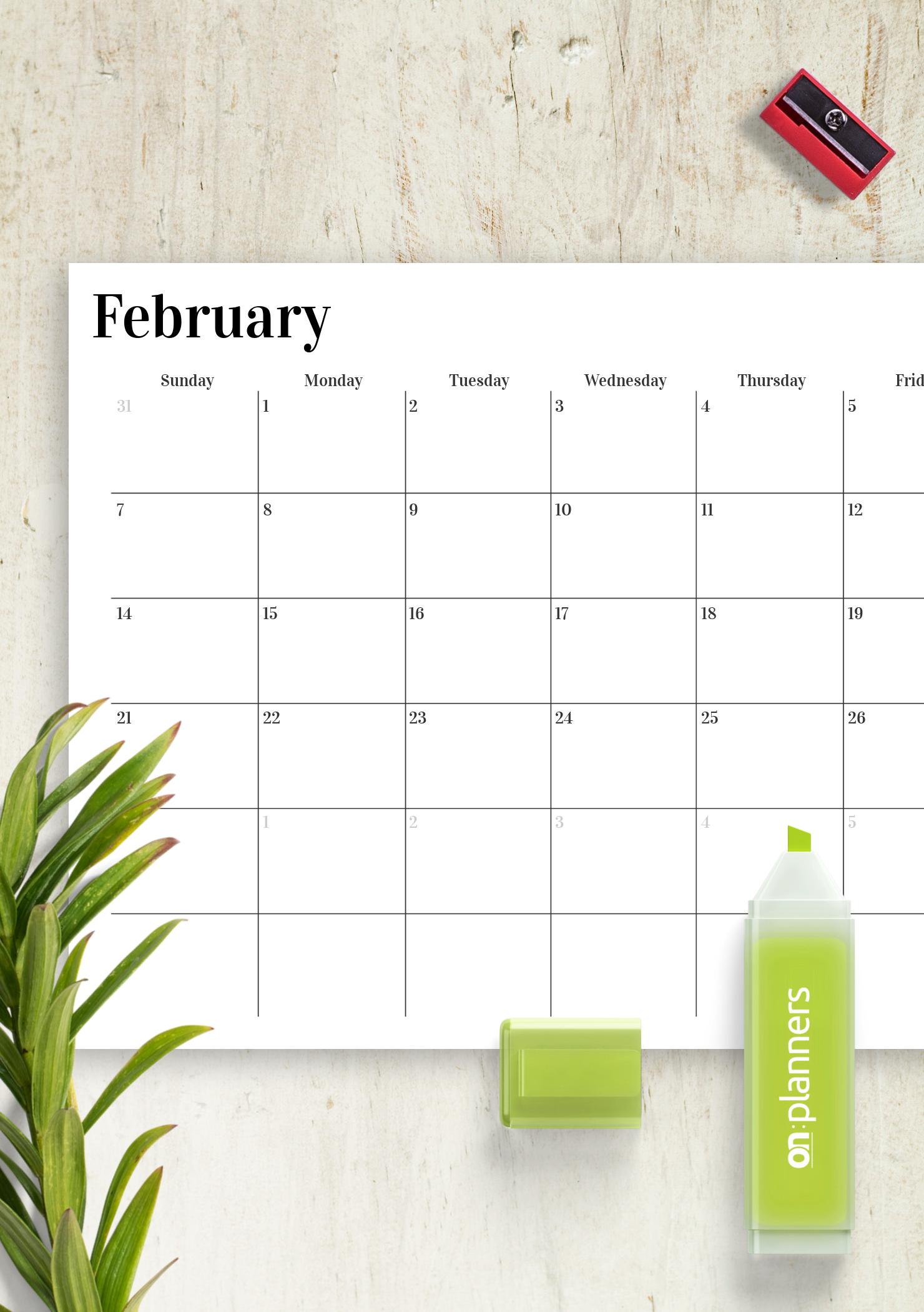 Download Printable Horizontal Monthly Calendar PDF