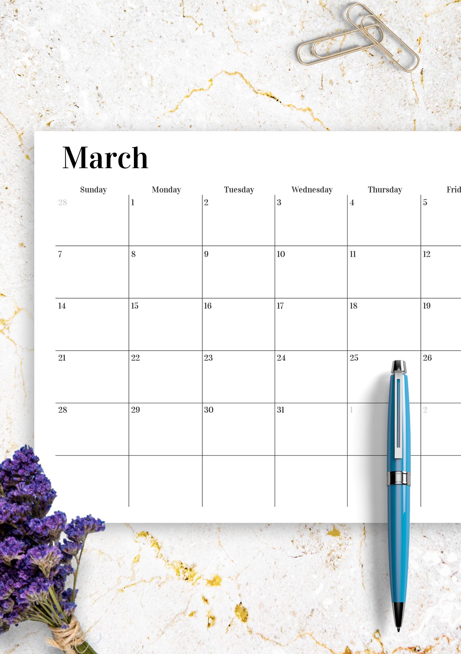 Download Printable Horizontal Monthly Calendar PDF