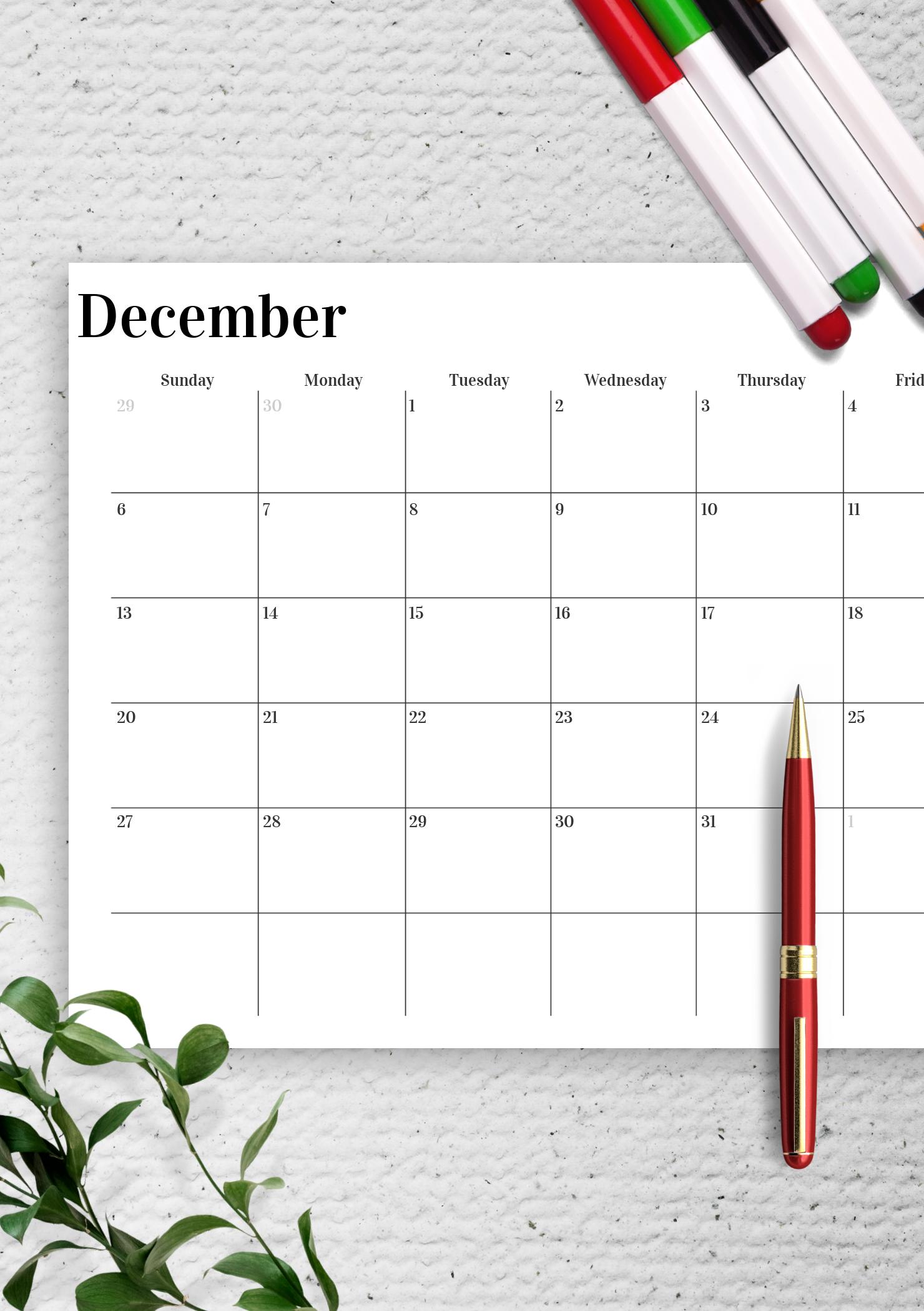Download Printable Horizontal Monthly Calendar PDF
