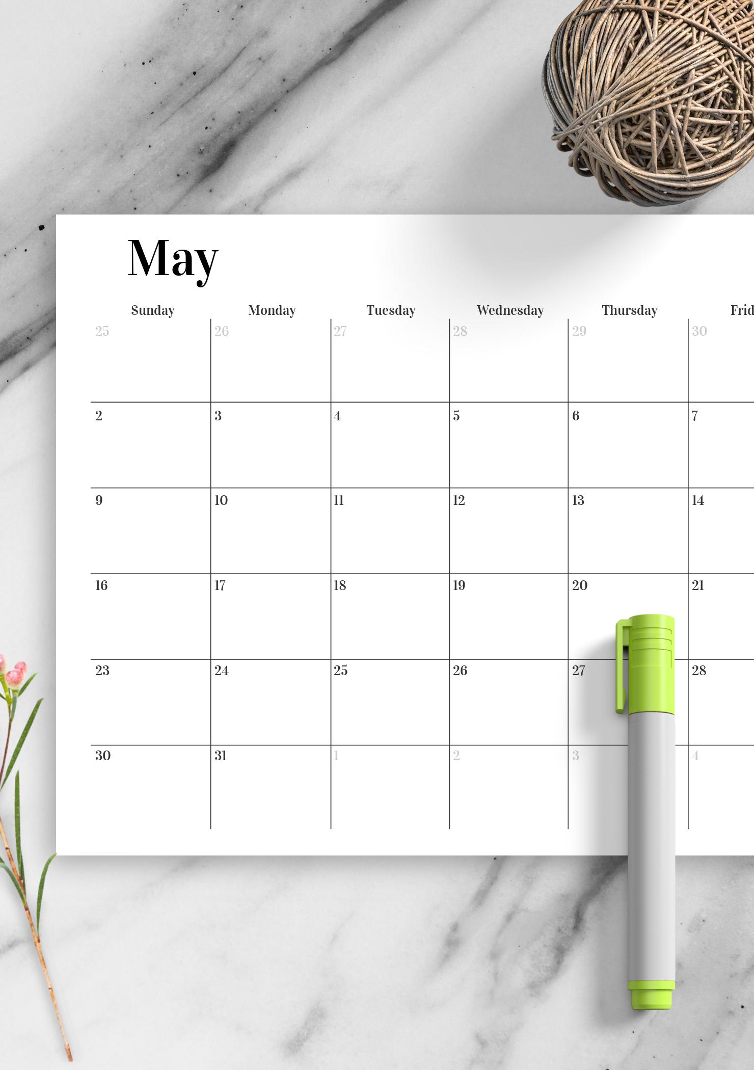 Download Printable Horizontal Monthly Calendar PDF