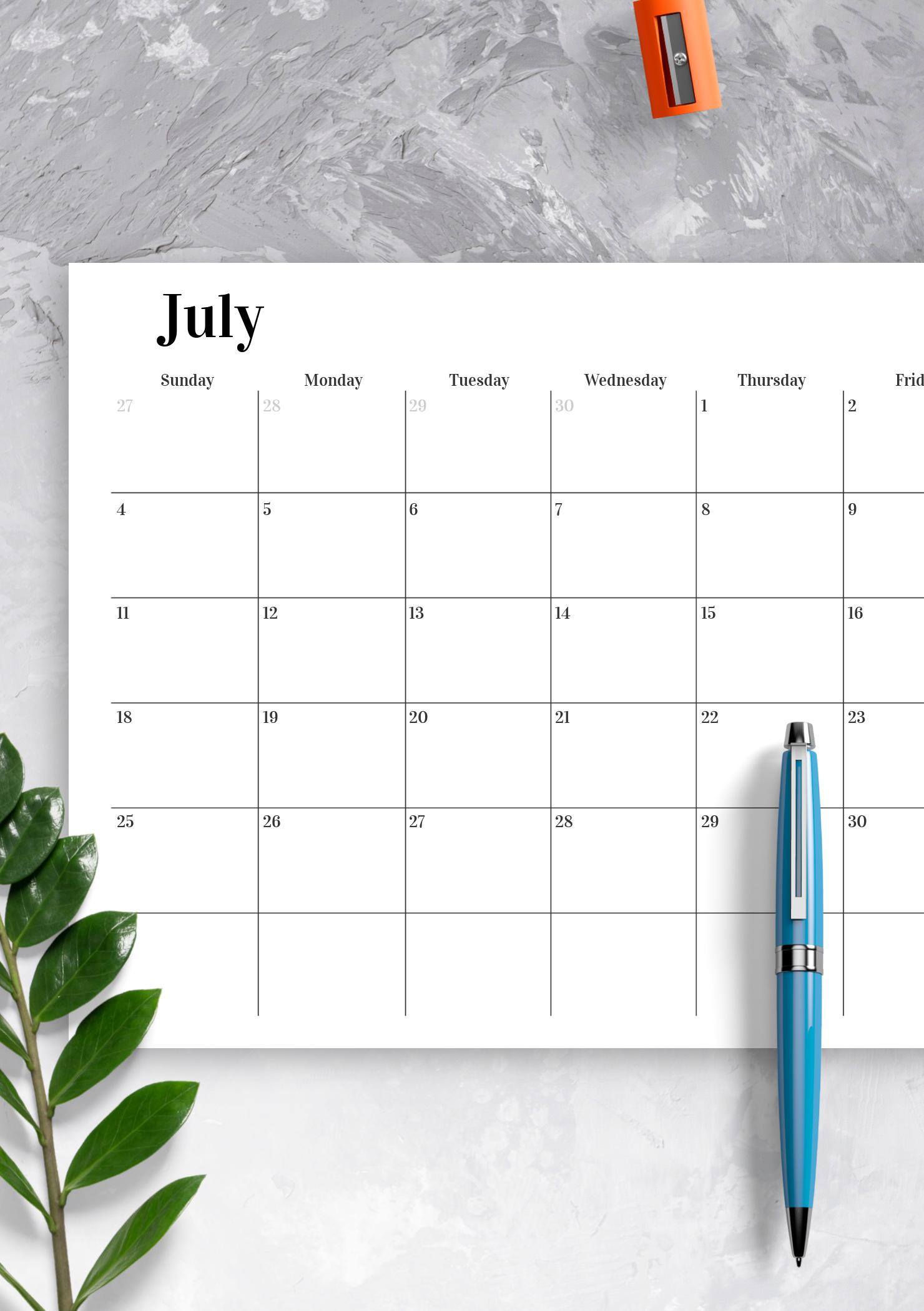 Download Printable Horizontal Monthly Calendar PDF