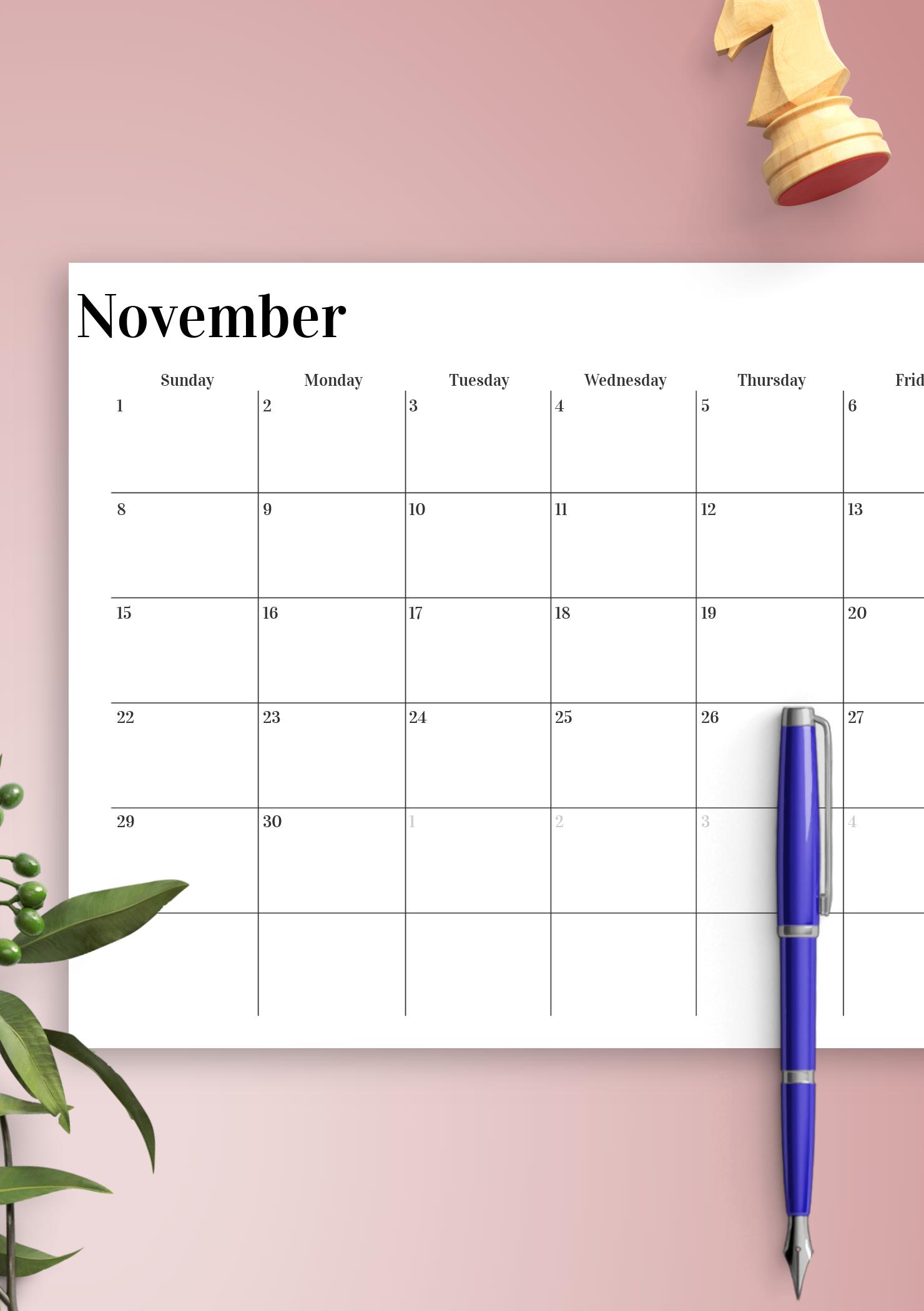 Download Printable Horizontal Monthly Calendar PDF