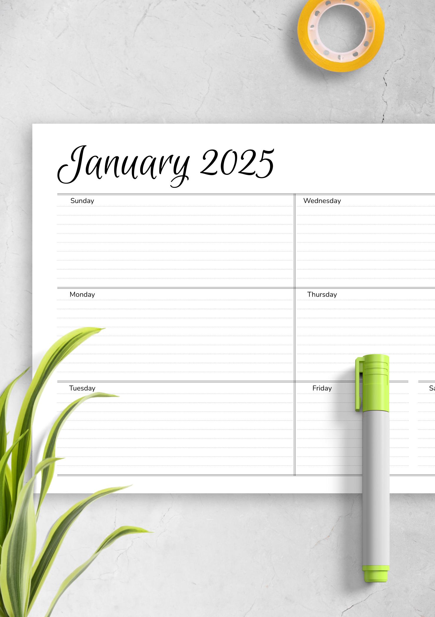 Download Printable Horizontal Weekly Schedule Template PDF
