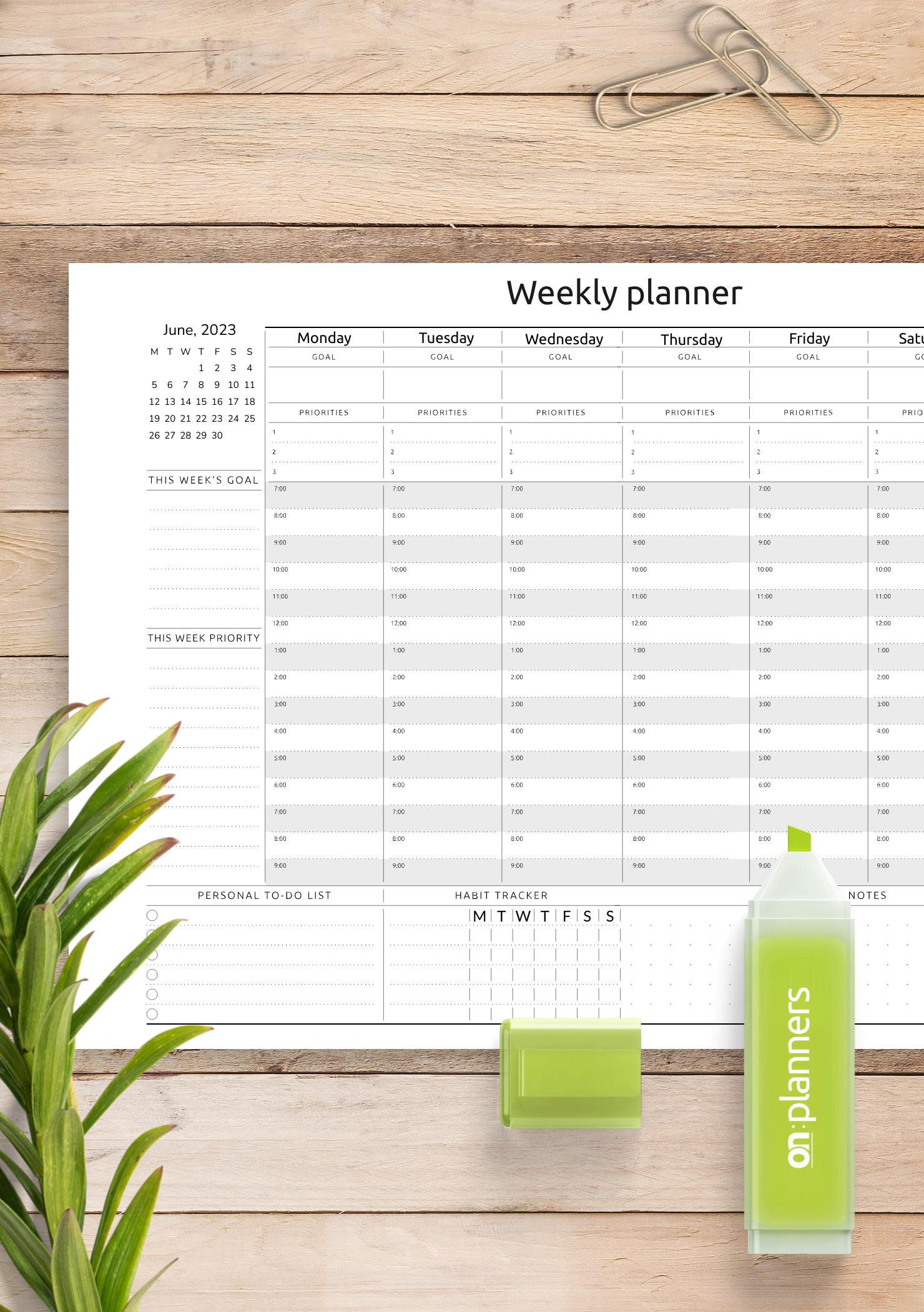 Download Printable Horizontal Weekly Timetable Planner Template PDF
