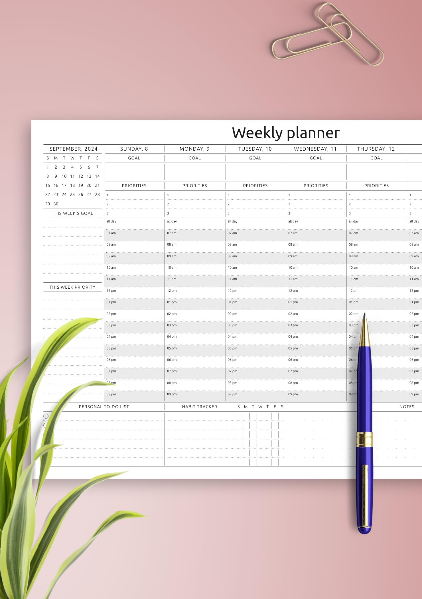 Download Printable Horizontal Weekly Timetable Planner Template PDF