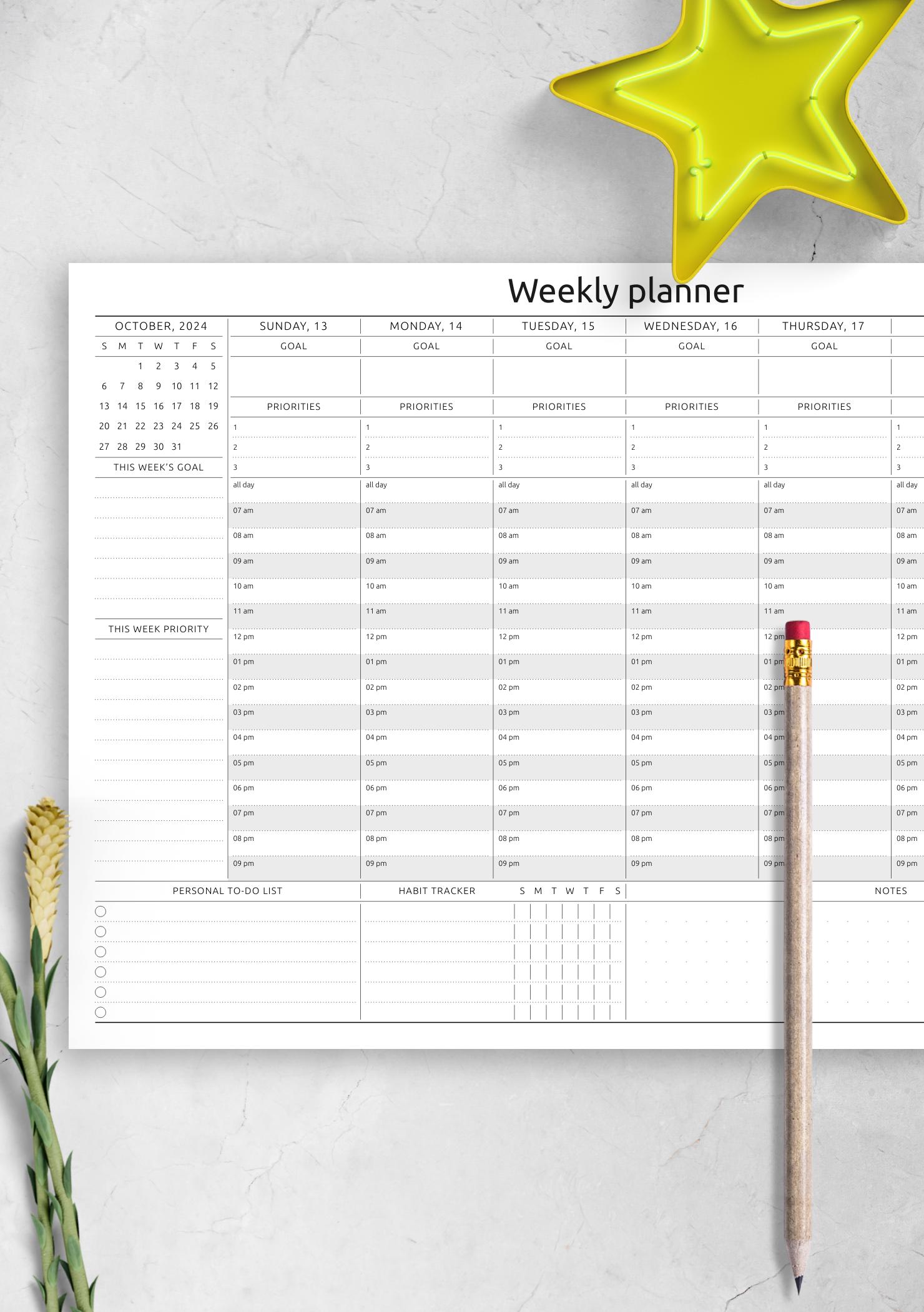 Download Printable Horizontal Weekly Timetable Planner Template PDF