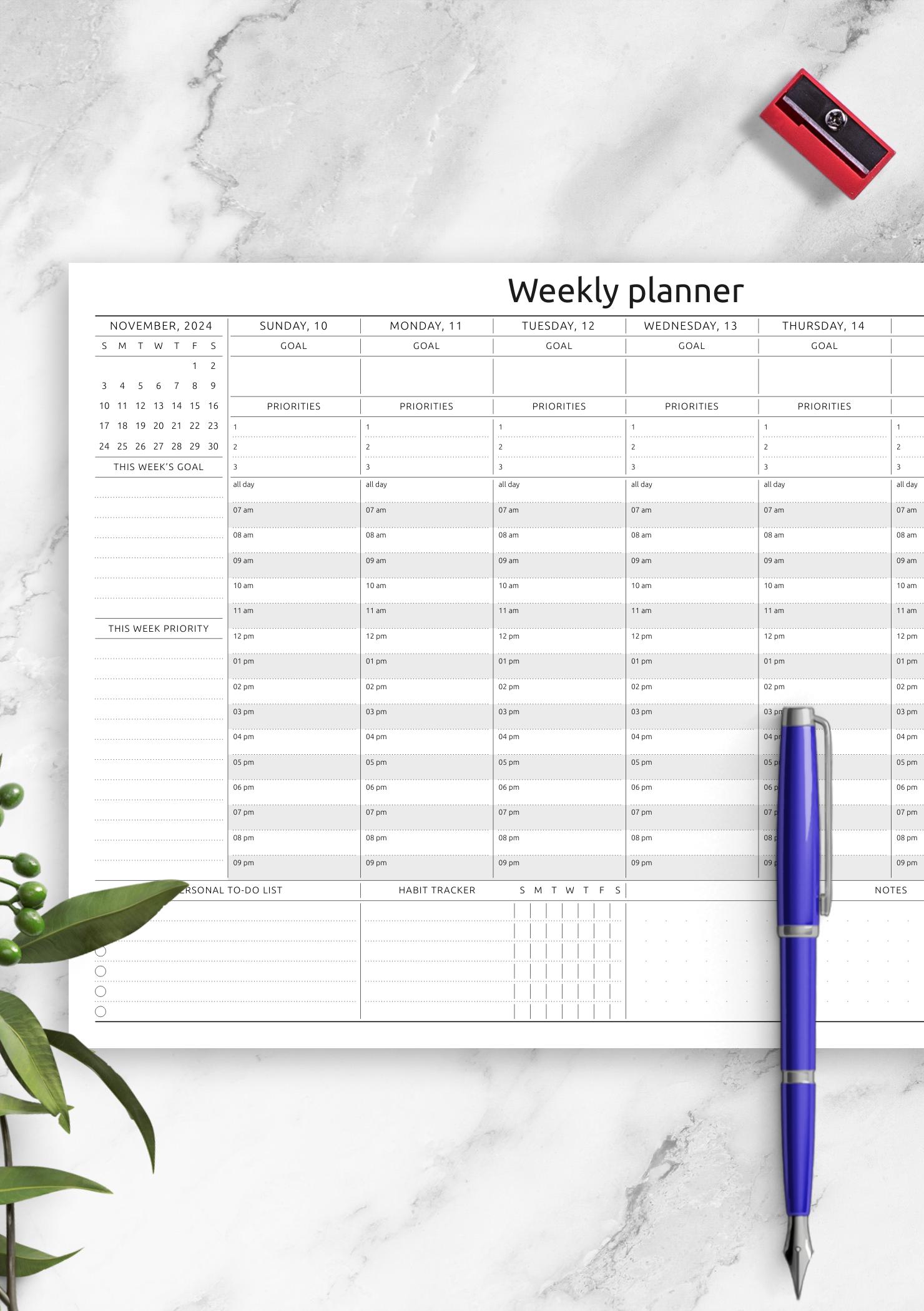 Download Printable Horizontal Weekly Timetable Planner Template PDF