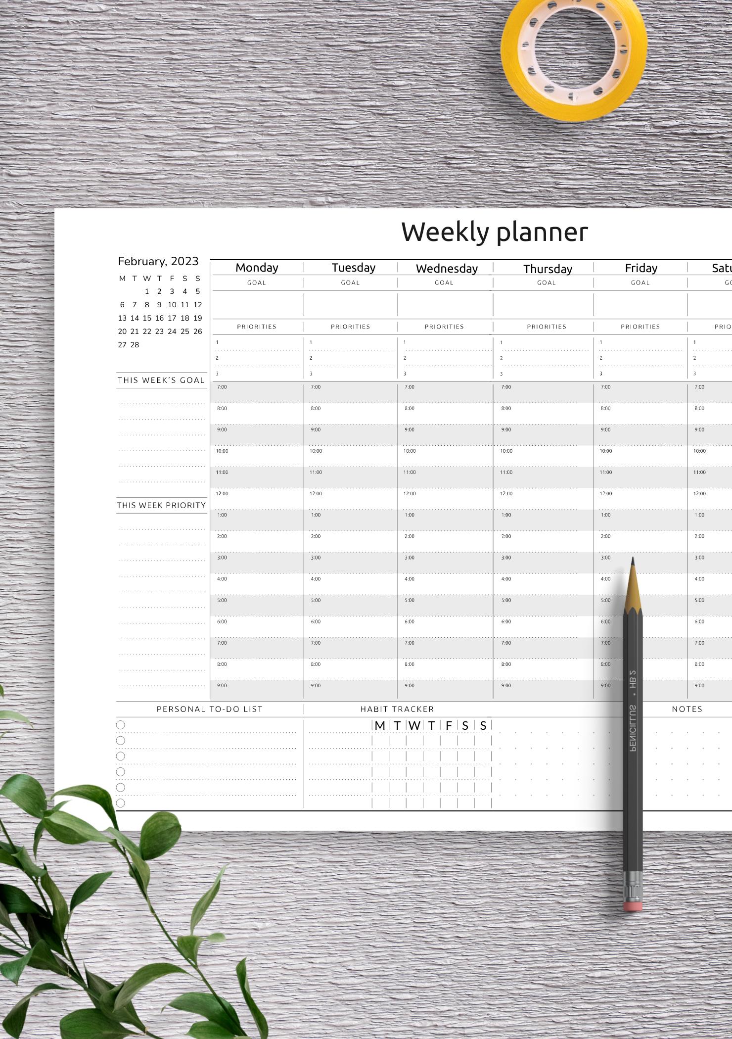 Download Printable Horizontal Weekly Timetable Planner Template PDF