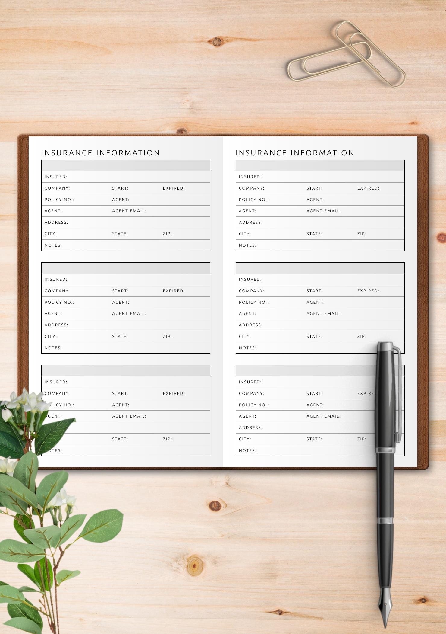 Insurance Information Template – Organized PDF for Records