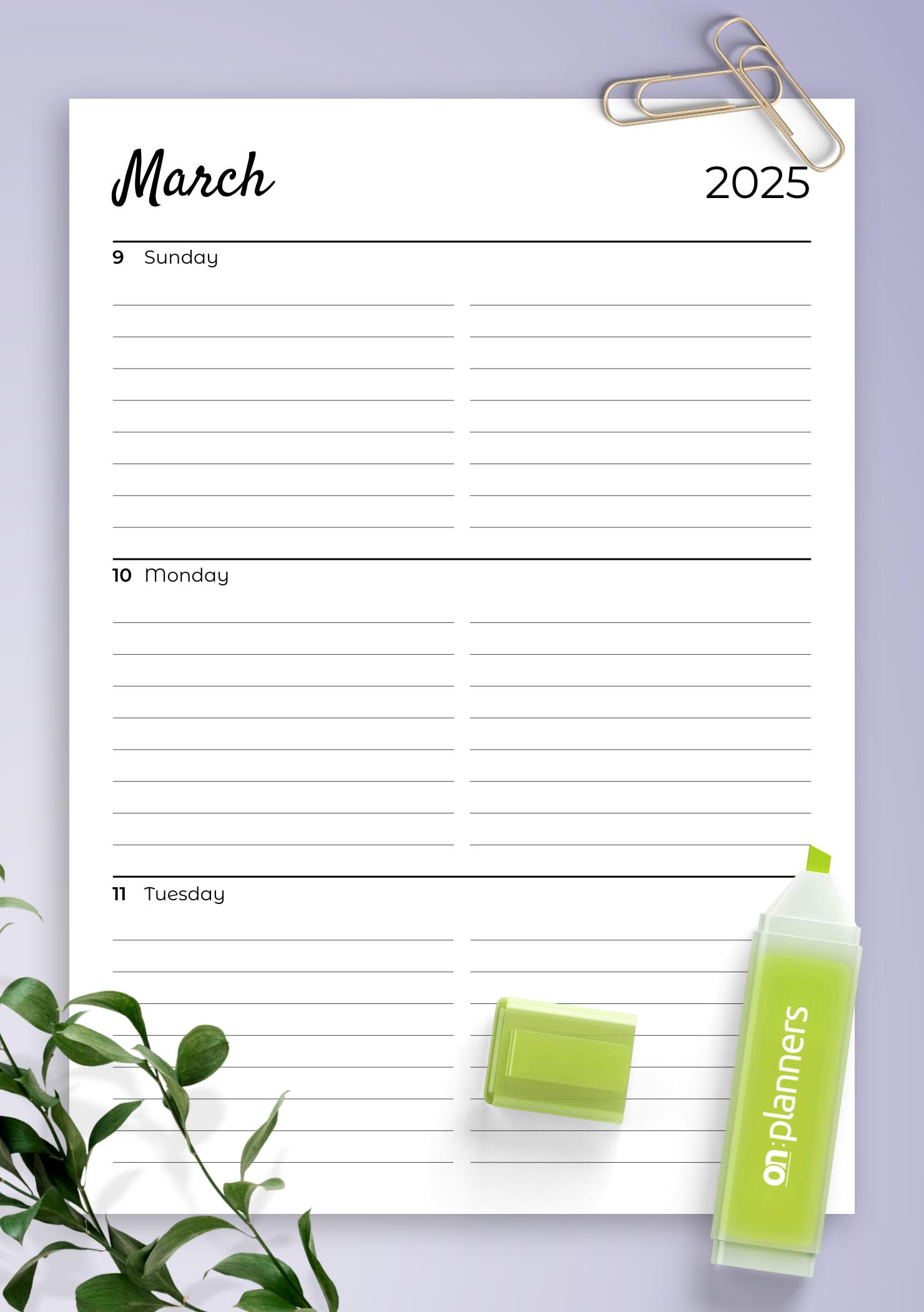 Download Printable Lined weekly planner with calendar PDF