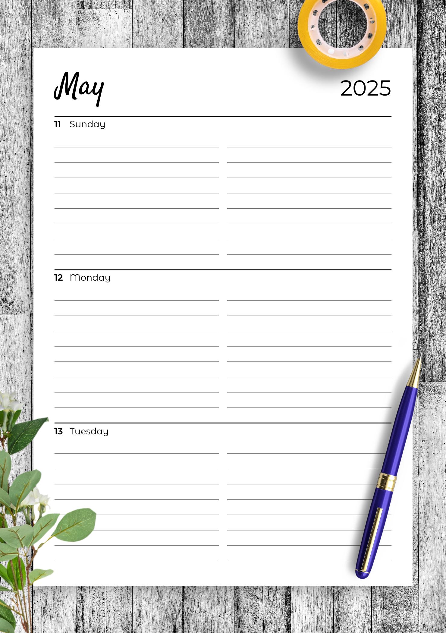Download Printable Lined weekly planner with calendar PDF