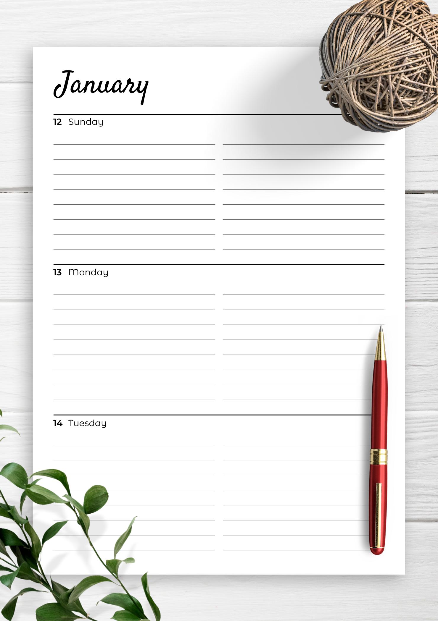 Download Printable Lined weekly planner with calendar PDF
