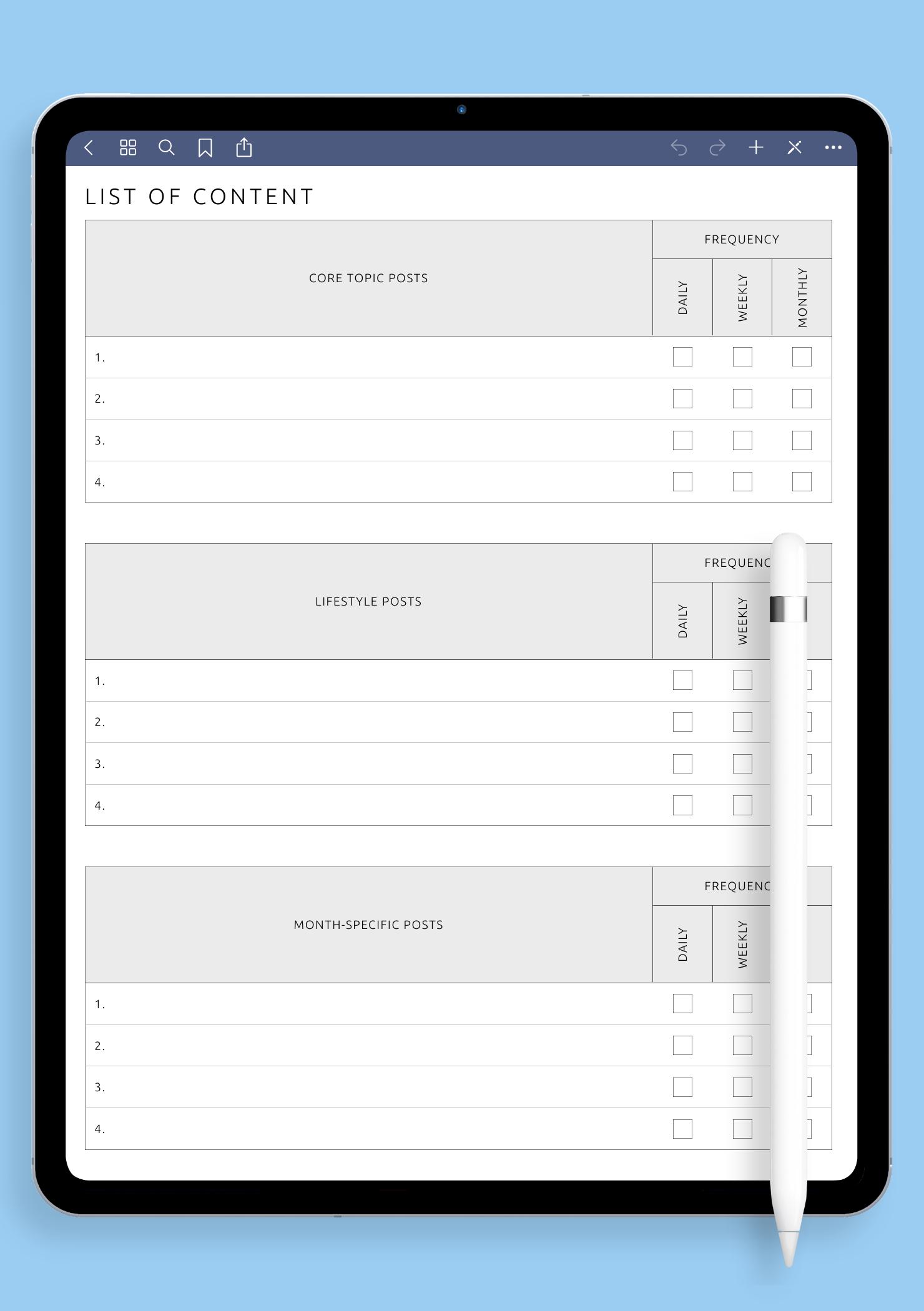 Download Printable List of Content Template PDF