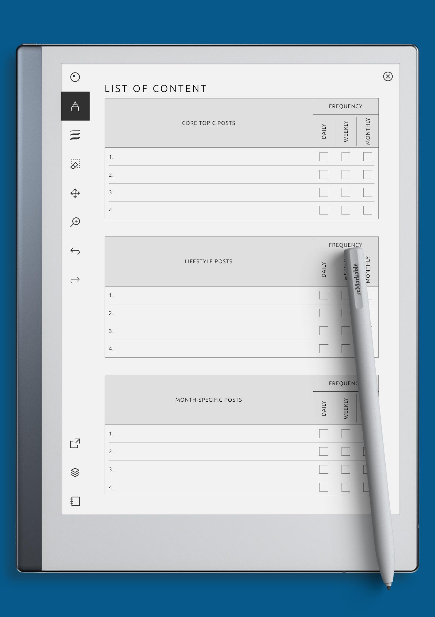 Download Printable List of Content Template PDF