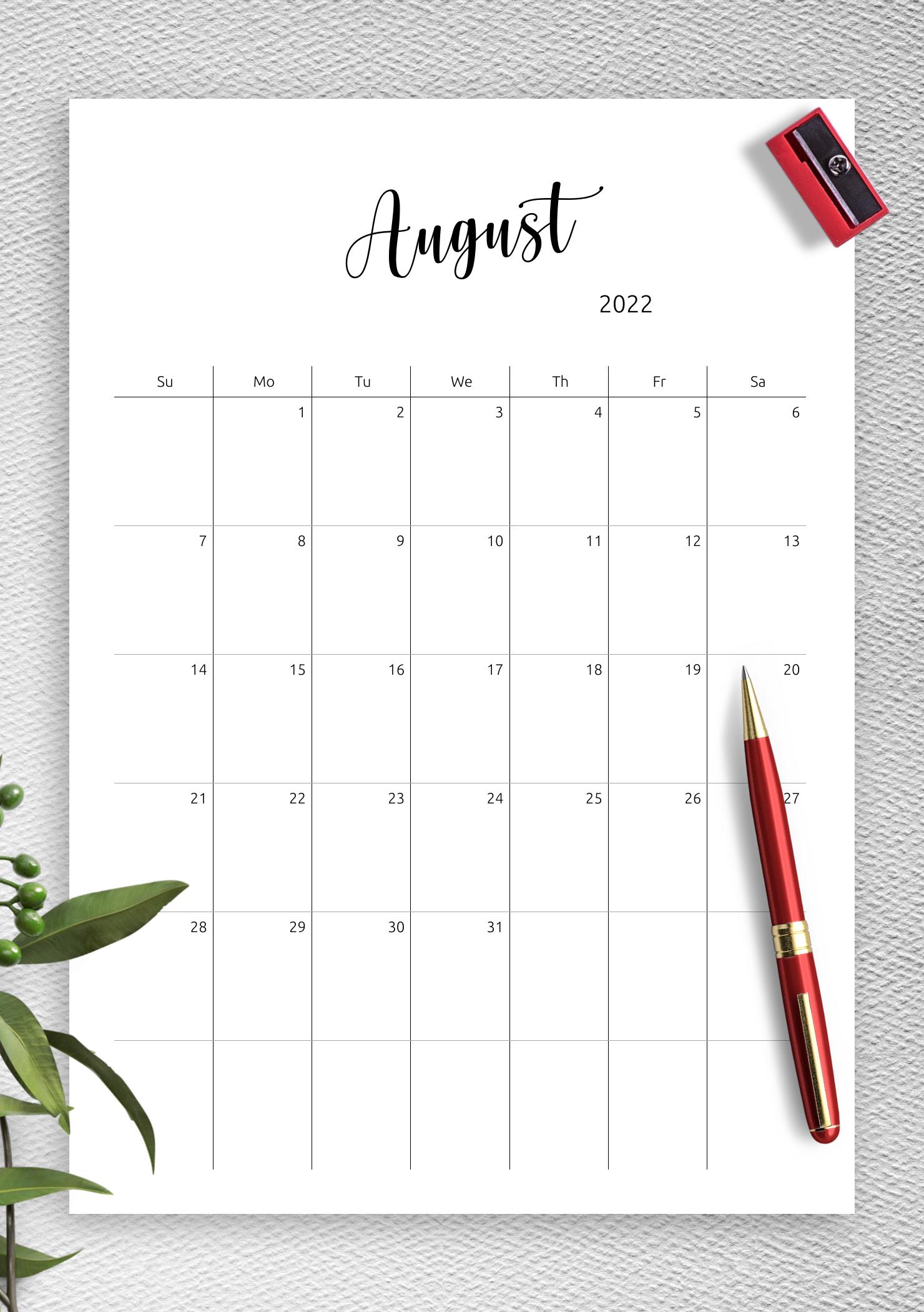 Download Printable Minimalist Monthly Calendar Template PDF